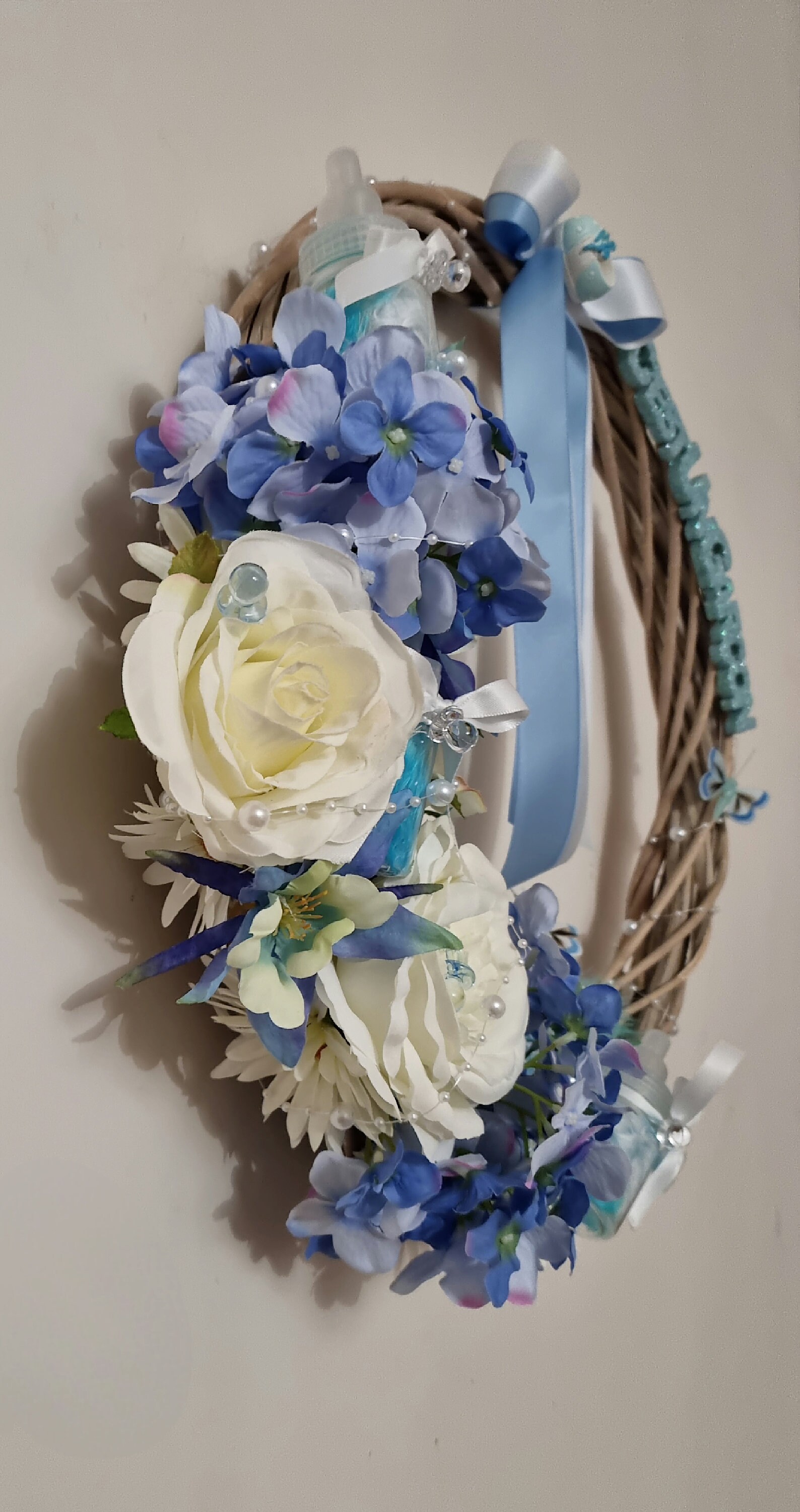 Handcrafted Wicker Crown Decorated With White Gerbera Hydrangeas Pinks ...