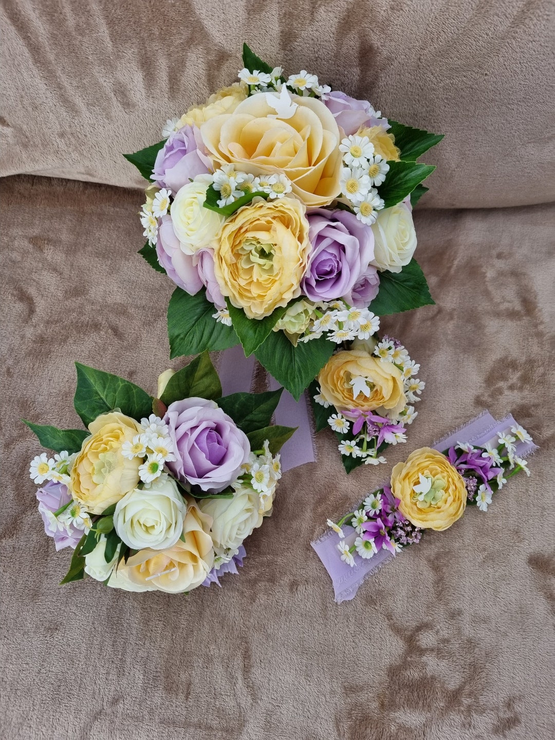 Set of Yellow, White and Parma Wedding Bouquets With Roses, Cosmos ...