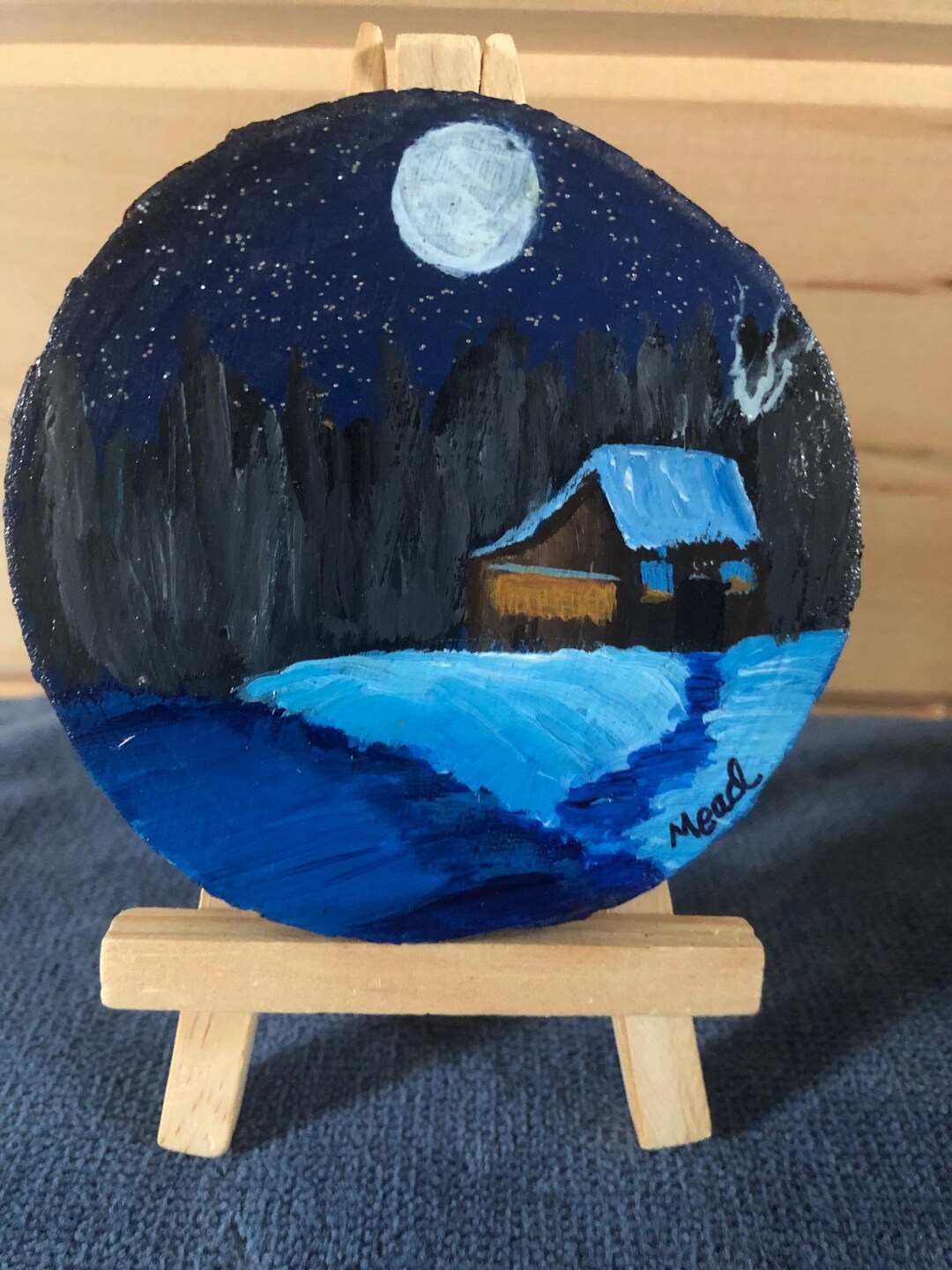 Miniature Moonlit Cabin – Hand-painted Wood Slice With Easel | Original ...