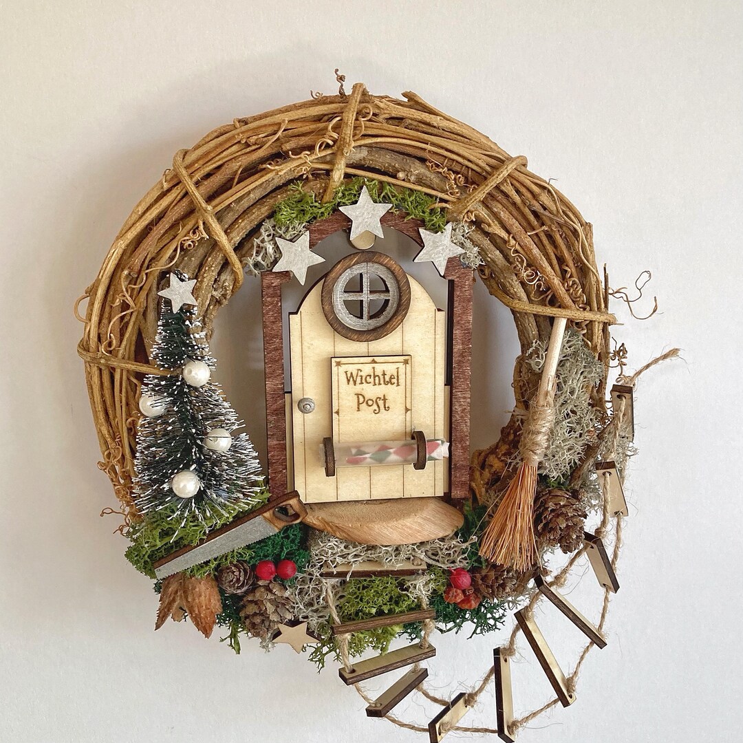 Elf Wreath With Elf Door and Rope Ladder, Handmade Christmas Wreath ...
