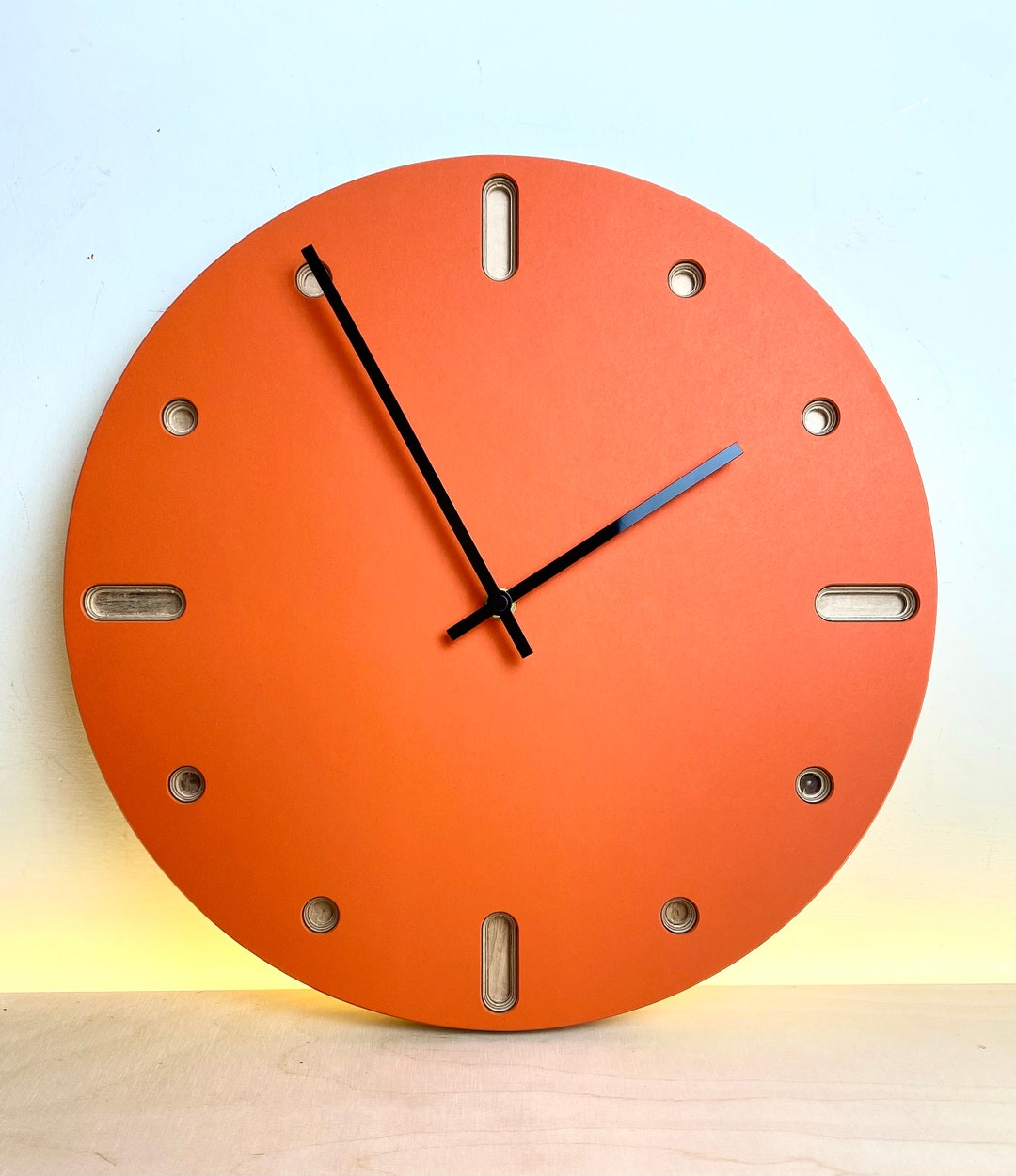 Modern Birch Ply Wall Clock: Colourful Linoleum Face, Silent Operation ...