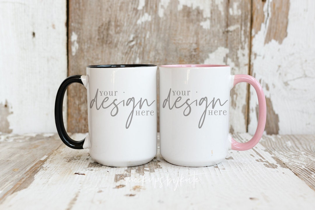 Two 15 Oz Mugs, Pink & Black Coffee Mugs Mockup, Two Mugs Mockup, Show ...