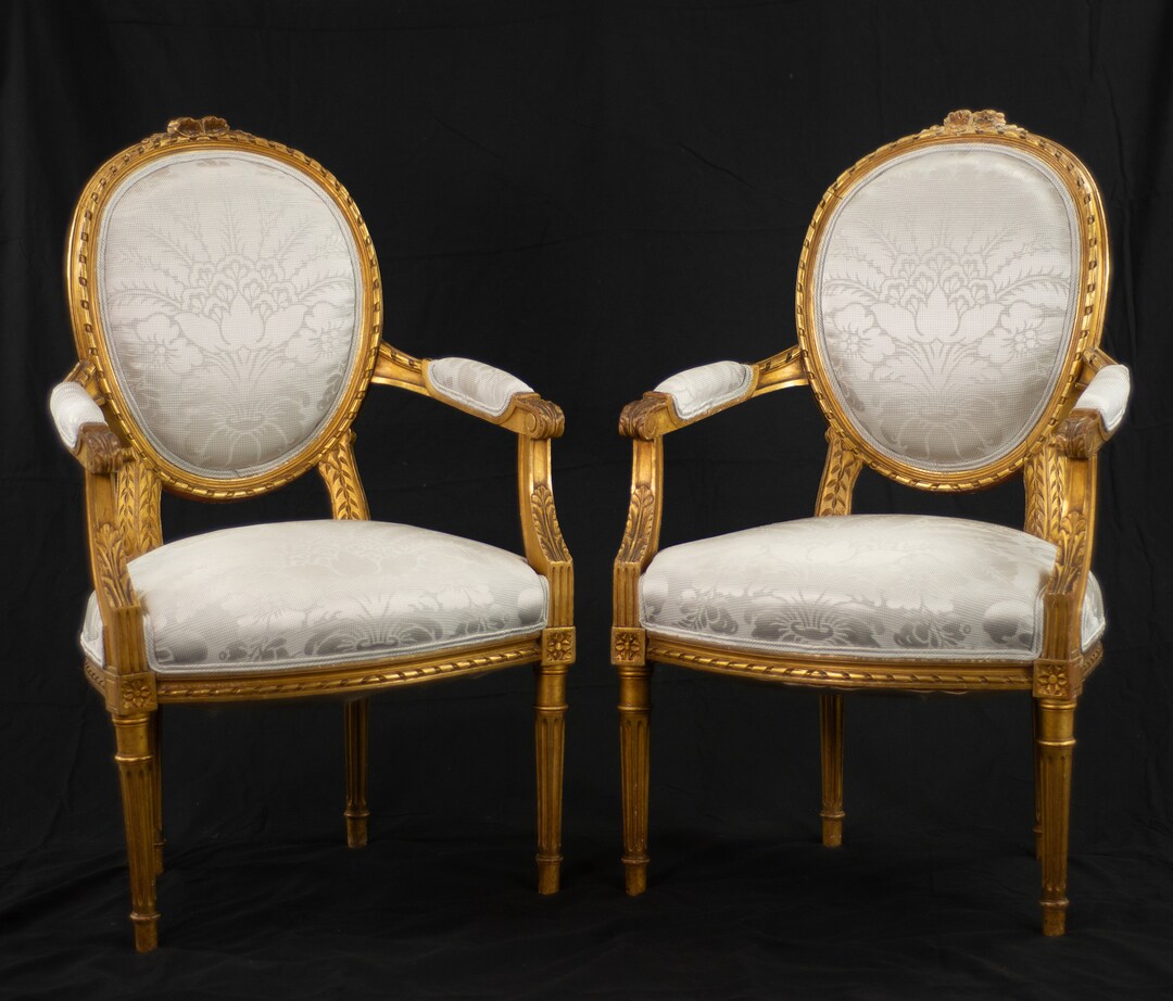 New Schumacher Collette Damask Pair 1900s Louis XV Giltwood Accent ...