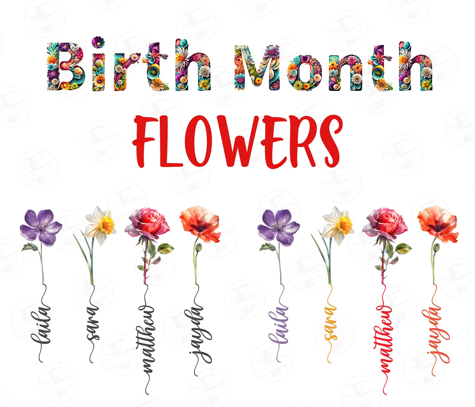 Birth Month Flowers Clipart Set Colorful Watercolor Floral PNG - Etsy