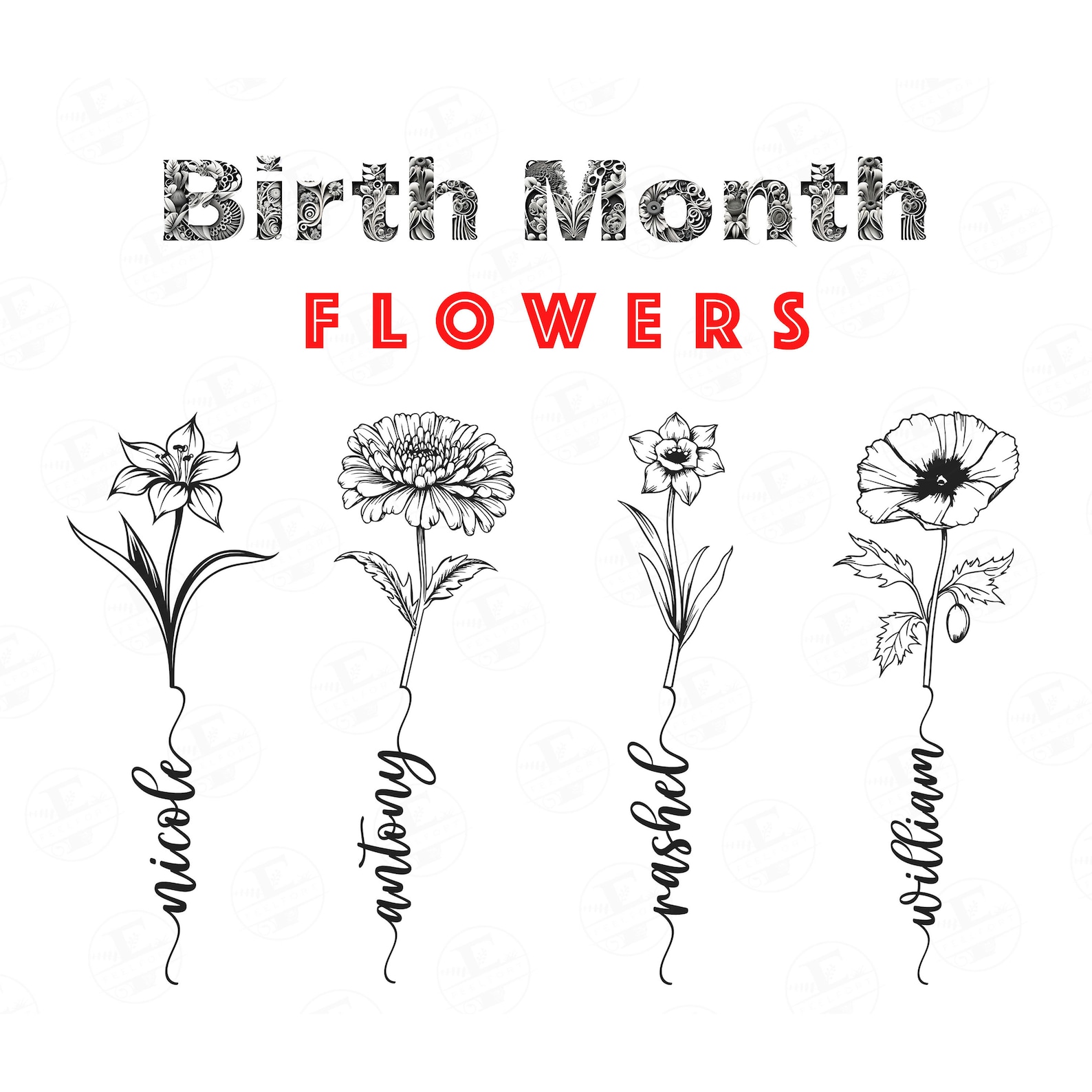 Birth Month Flowers SVG and PNG Set Floral DIY Birth Month Flower Kit ...