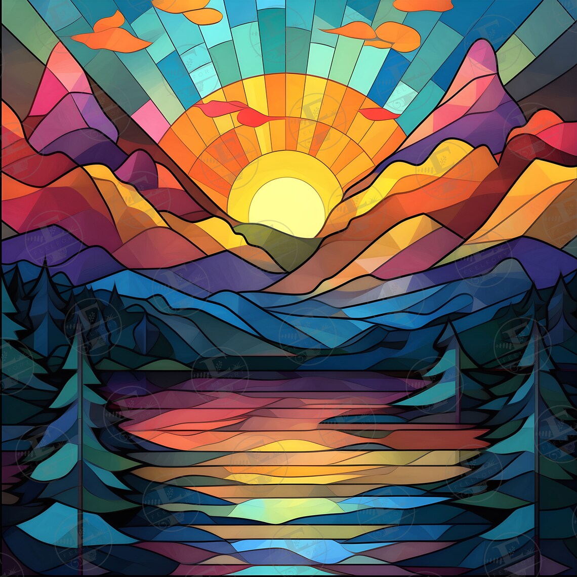 Stained Glass Sunset Digital Paper Printable Textures Printable ...