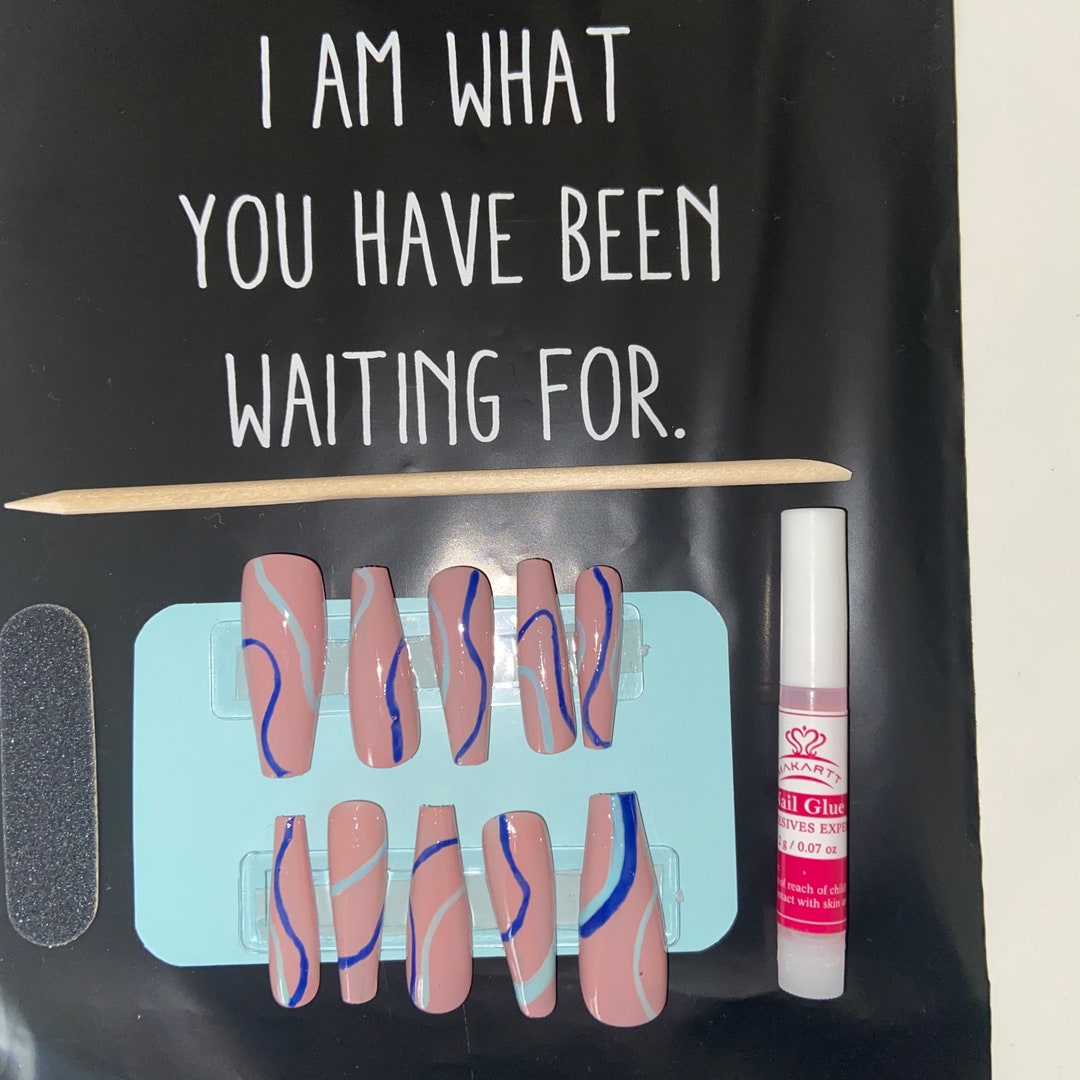 Blue Line Work Nails Super Trendy - Etsy