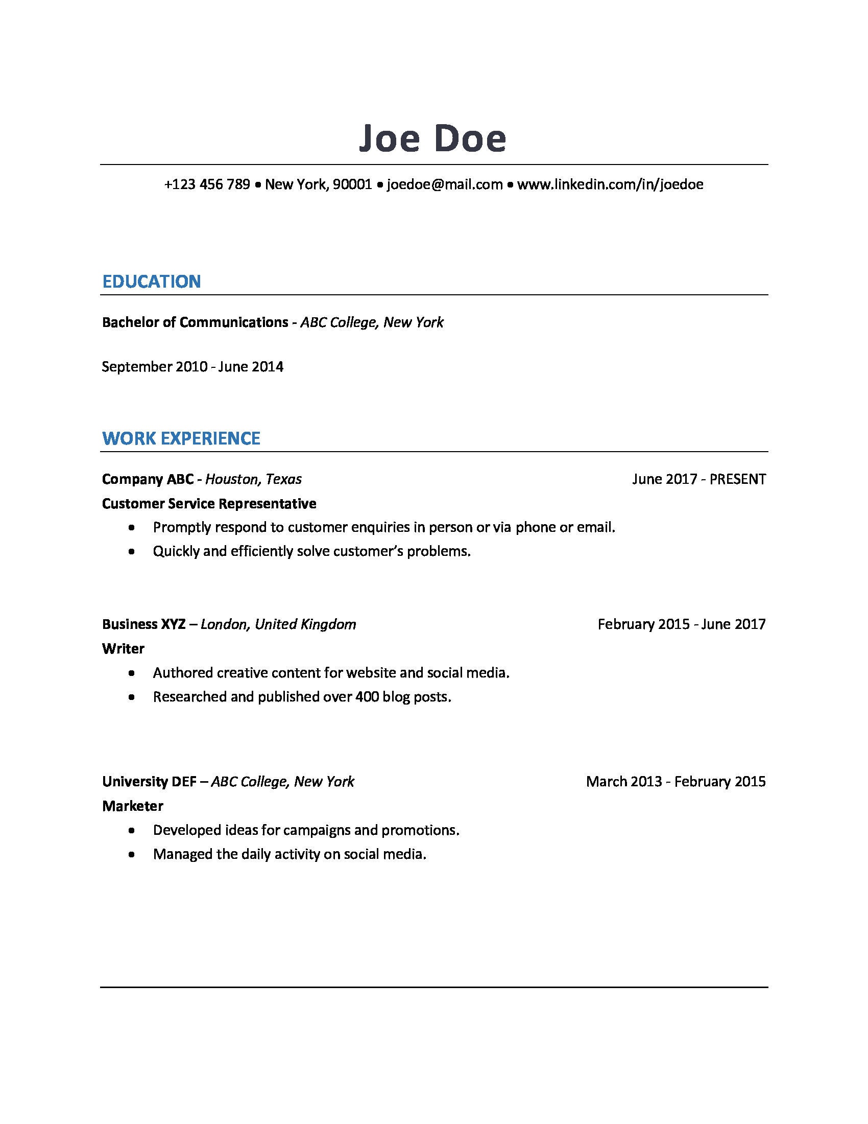 Simple Minimal Resume/cv Template .docx - Etsy