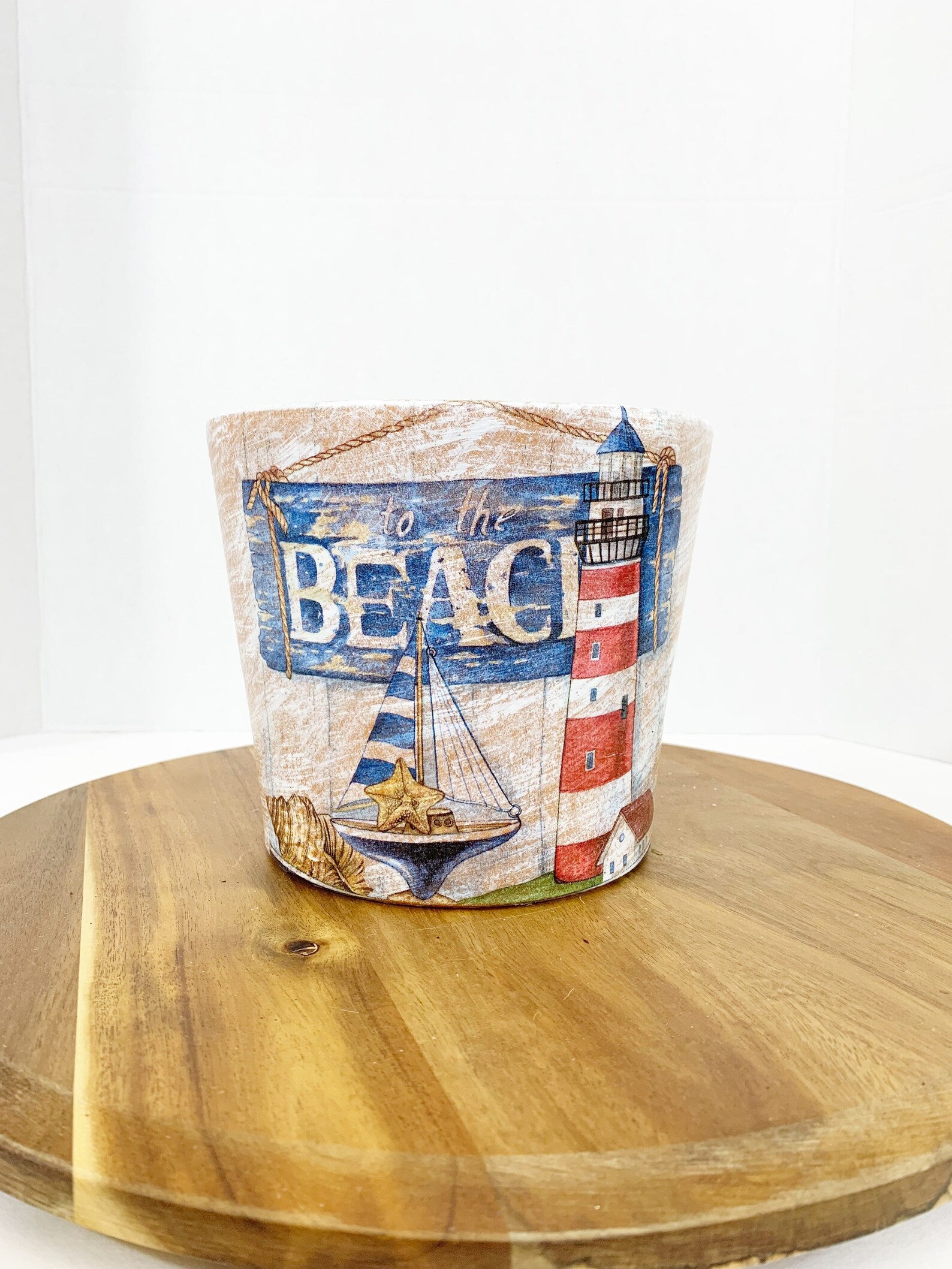 Decoupaged Beach Garden Planter With Lighthouse and Sail Boat, Outdoor ...