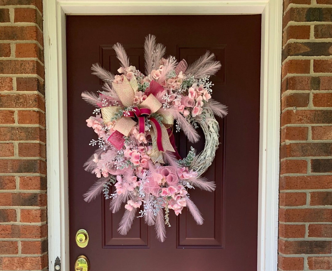 Pink Frosted Boho Christmas Wreath With Pampas Grass, Elegant Christmas ...
