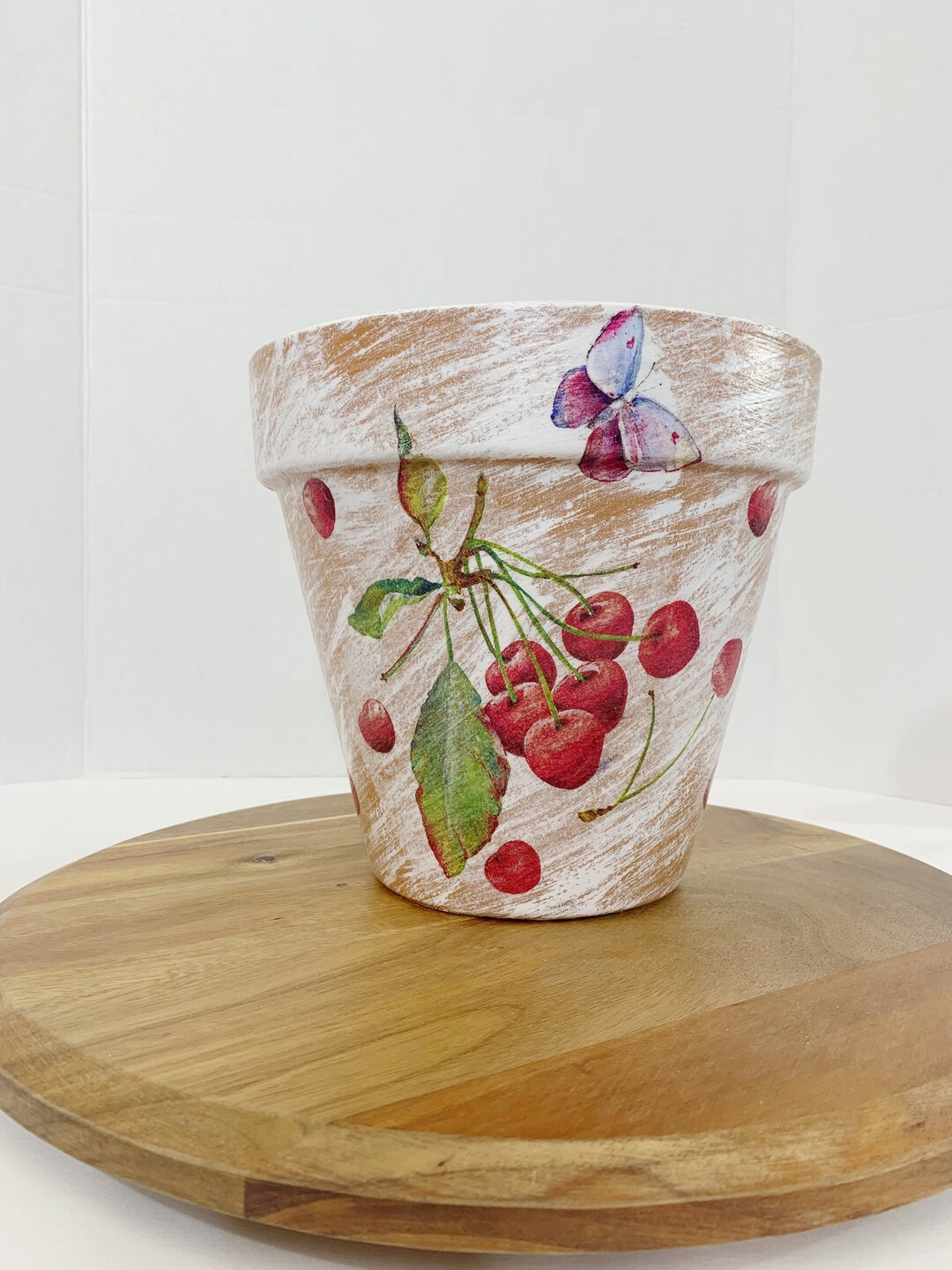Decoupaged Cherry and Butterfly Garden Planter, Cherry Garden Decor ...