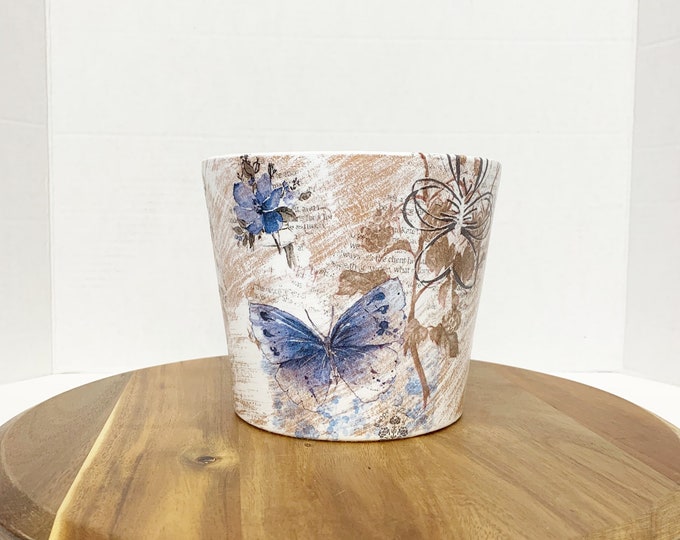 Decoupaged Garden Planter, Blue and Tan Flower Pot, Butterfly Porch ...
