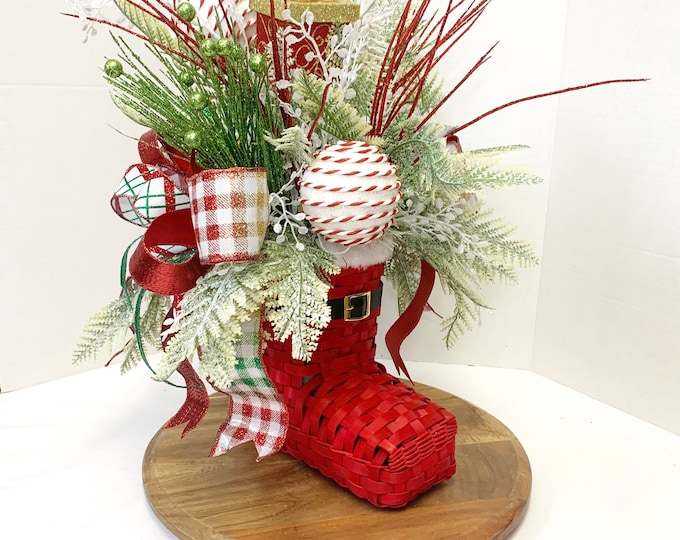 Santa Boot Centerpiece, Christmas Table Decor, Holiday Hearth Decor ...