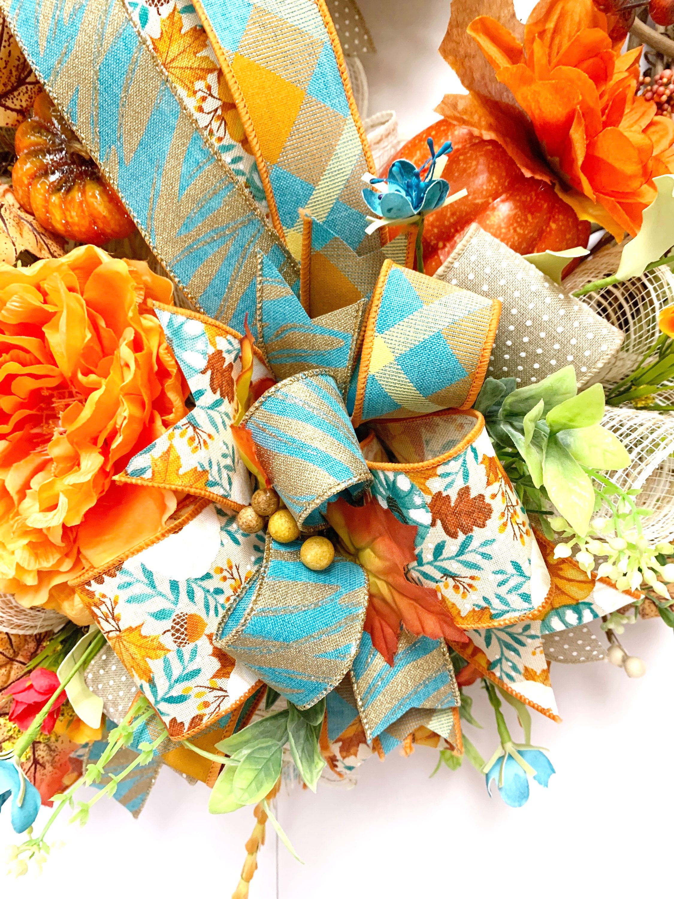 Fall Wreath for Front Door, Turquoise and Orange Fall Wreath, Fall ...