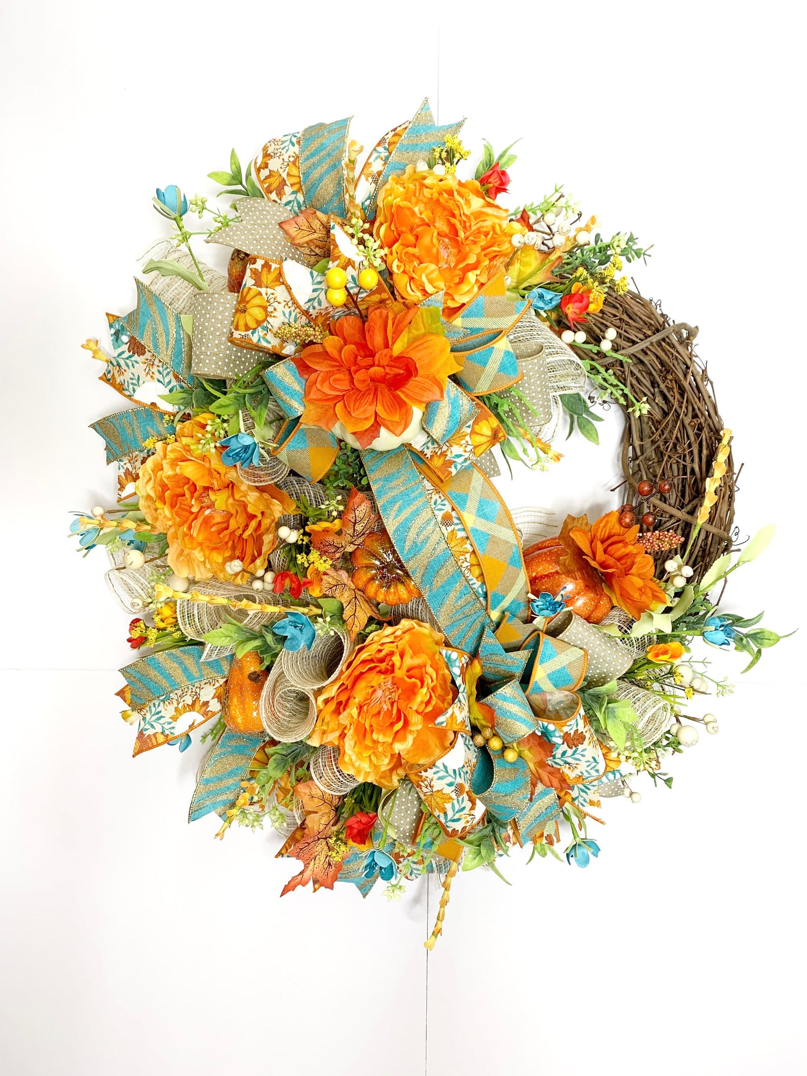 Fall Wreath for Front Door, Turquoise and Orange Fall Wreath, Fall ...