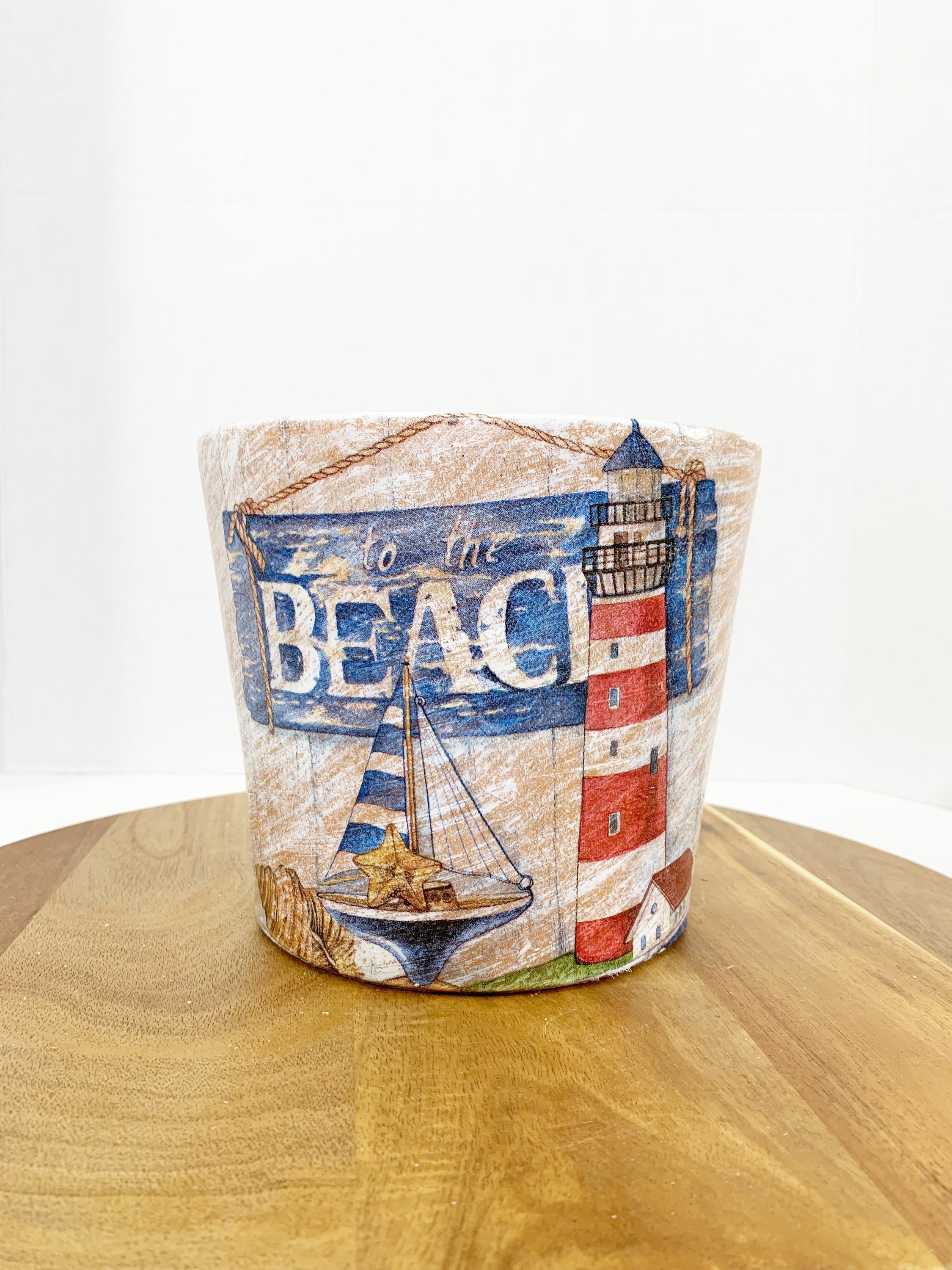 Decoupaged Beach Garden Planter With Lighthouse and Sail Boat, Outdoor ...