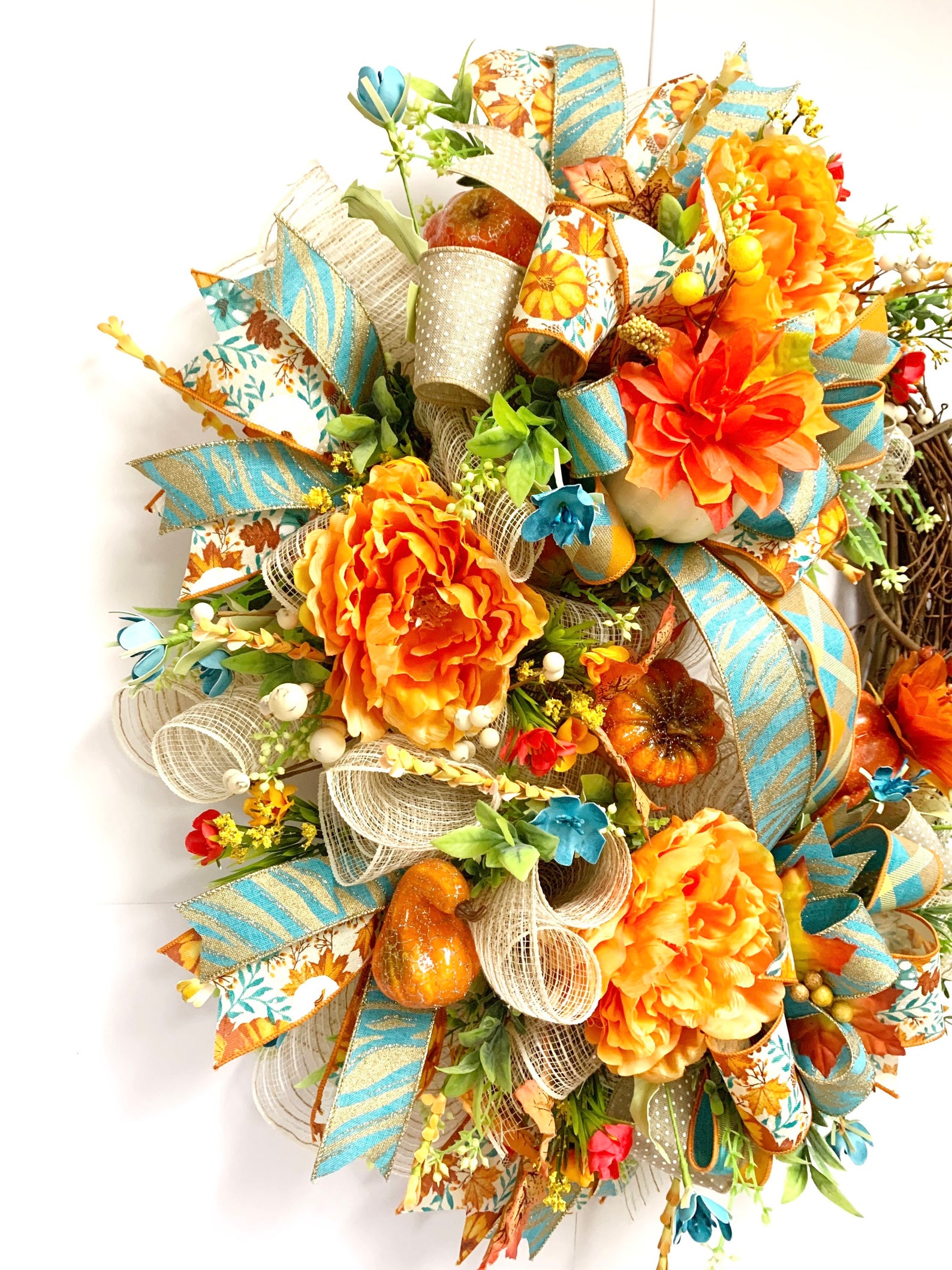 Fall Wreath for Front Door Turquoise and Orange Fall Wreath - Etsy