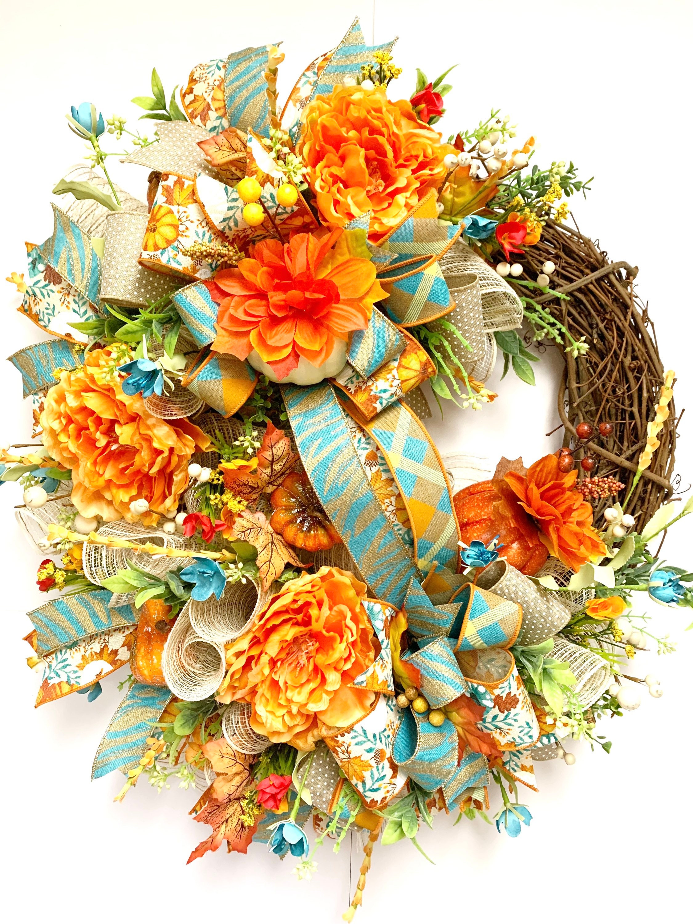 Fall Wreath for Front Door Turquoise and Orange Fall Wreath - Etsy