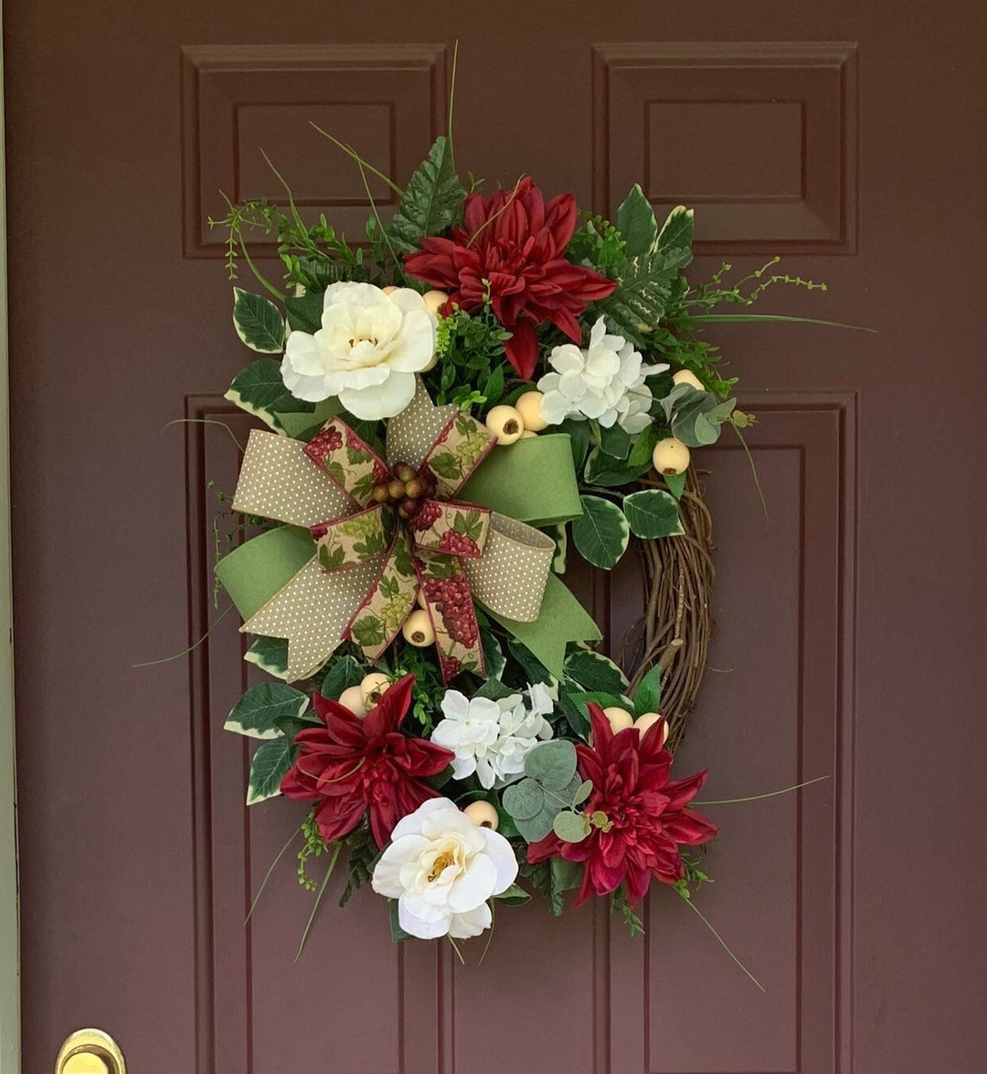 Fall Wreath for Front Door, Fall Burgundy and Cream Wreath, Autumn ...