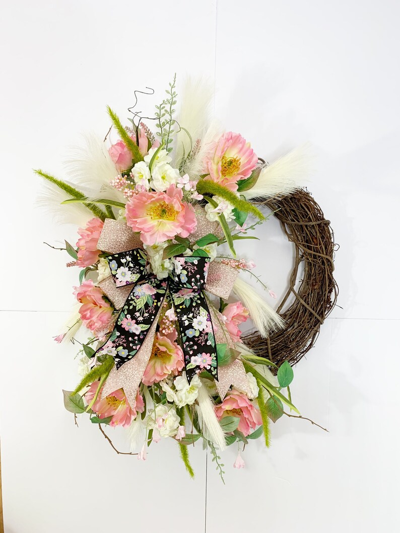 Elegant Everyday Boho Wreath for Front Door, Pink Floral Boho Chic ...