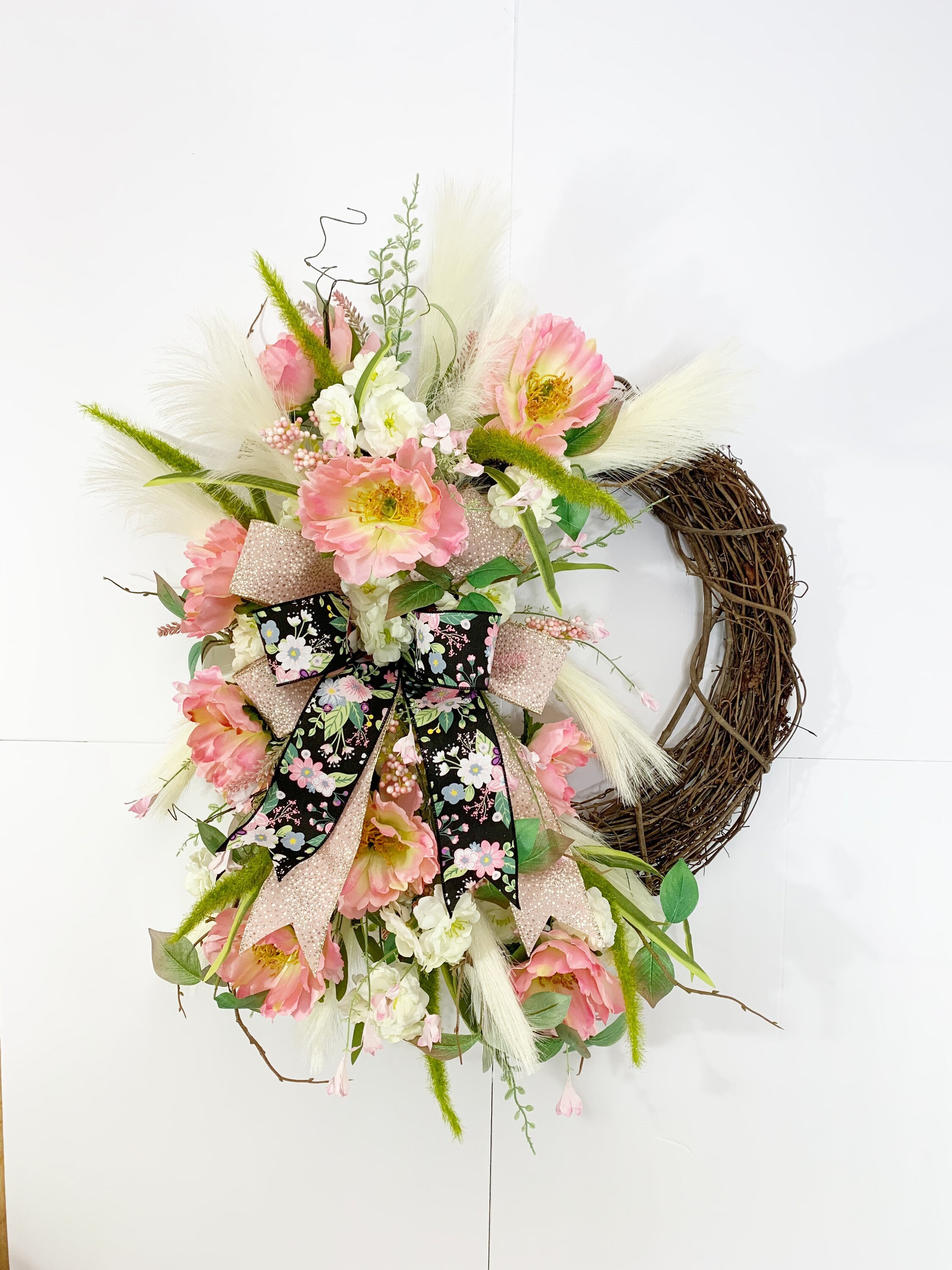 Elegant Everyday Boho Wreath for Front Door, Pink Floral Boho Chic ...