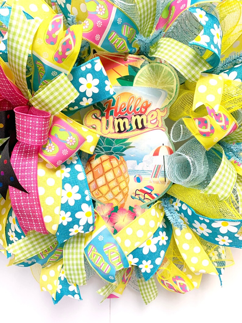 Hello Summer Wreath, Blue Yellow Mesh, Beach Flip Flop Decor - Etsy