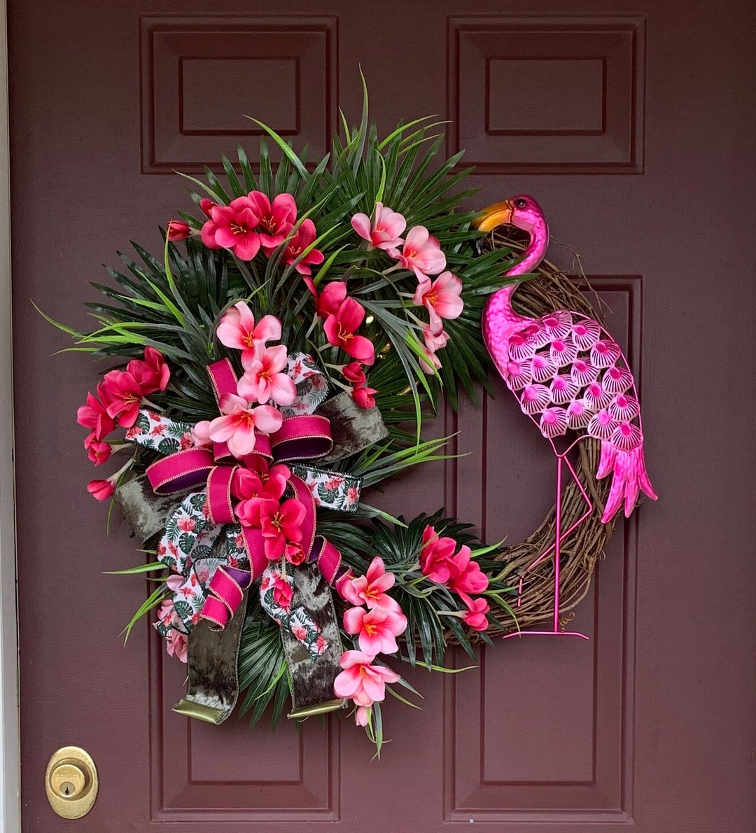 Tropical Pink Flamingo Wreath for Front Door, Elegant Tropical Wreath ...