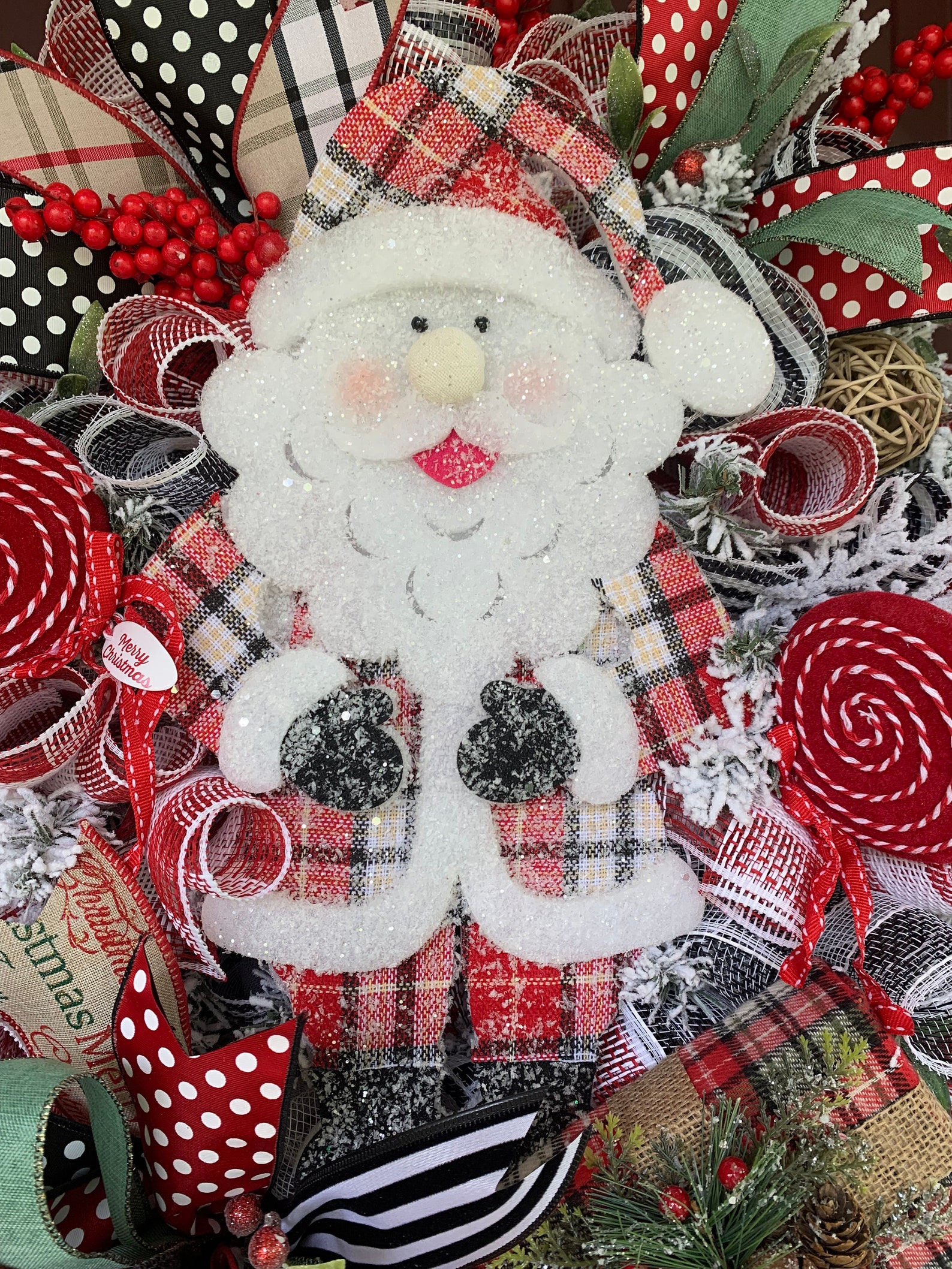Frosted Santa Mesh Christmas Wreath for Front Door, Rustic Christmas ...