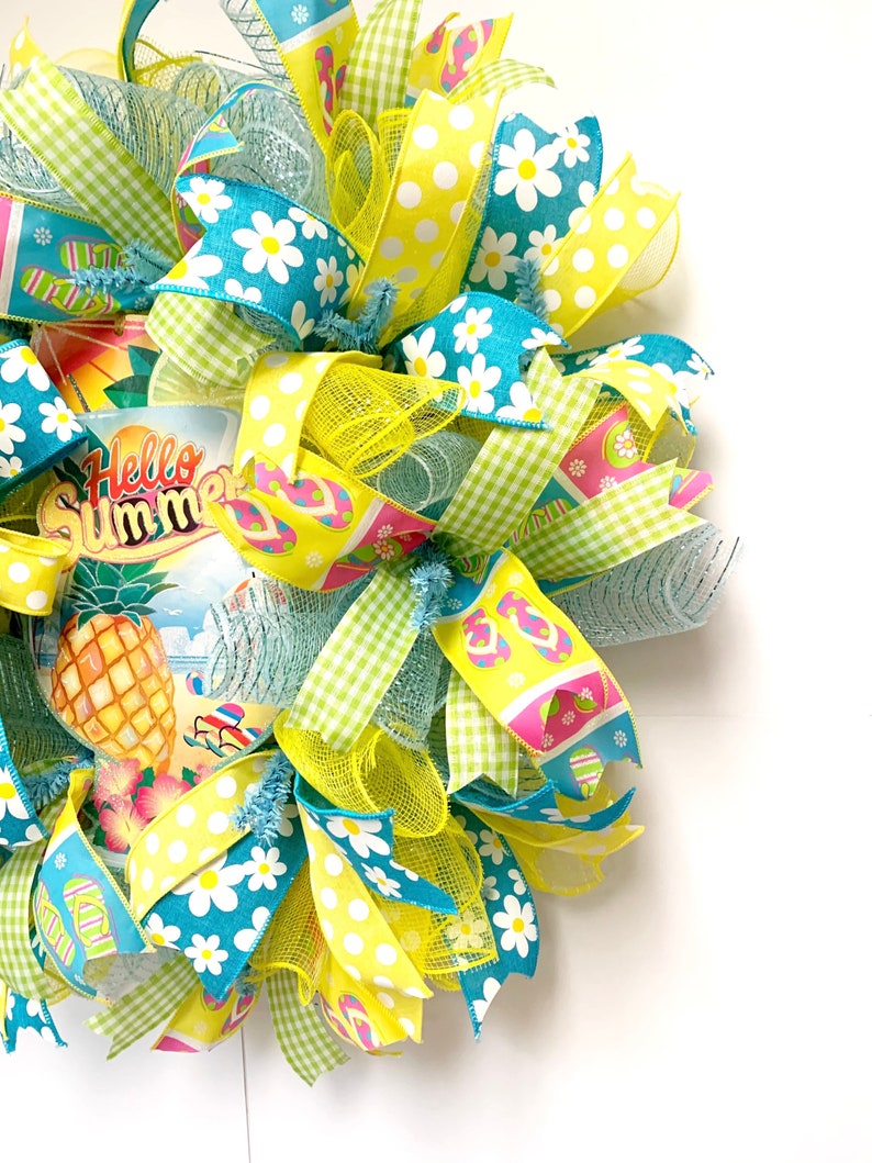 Hello Summer Wreath, Blue Yellow Mesh, Beach Flip Flop Decor - Etsy