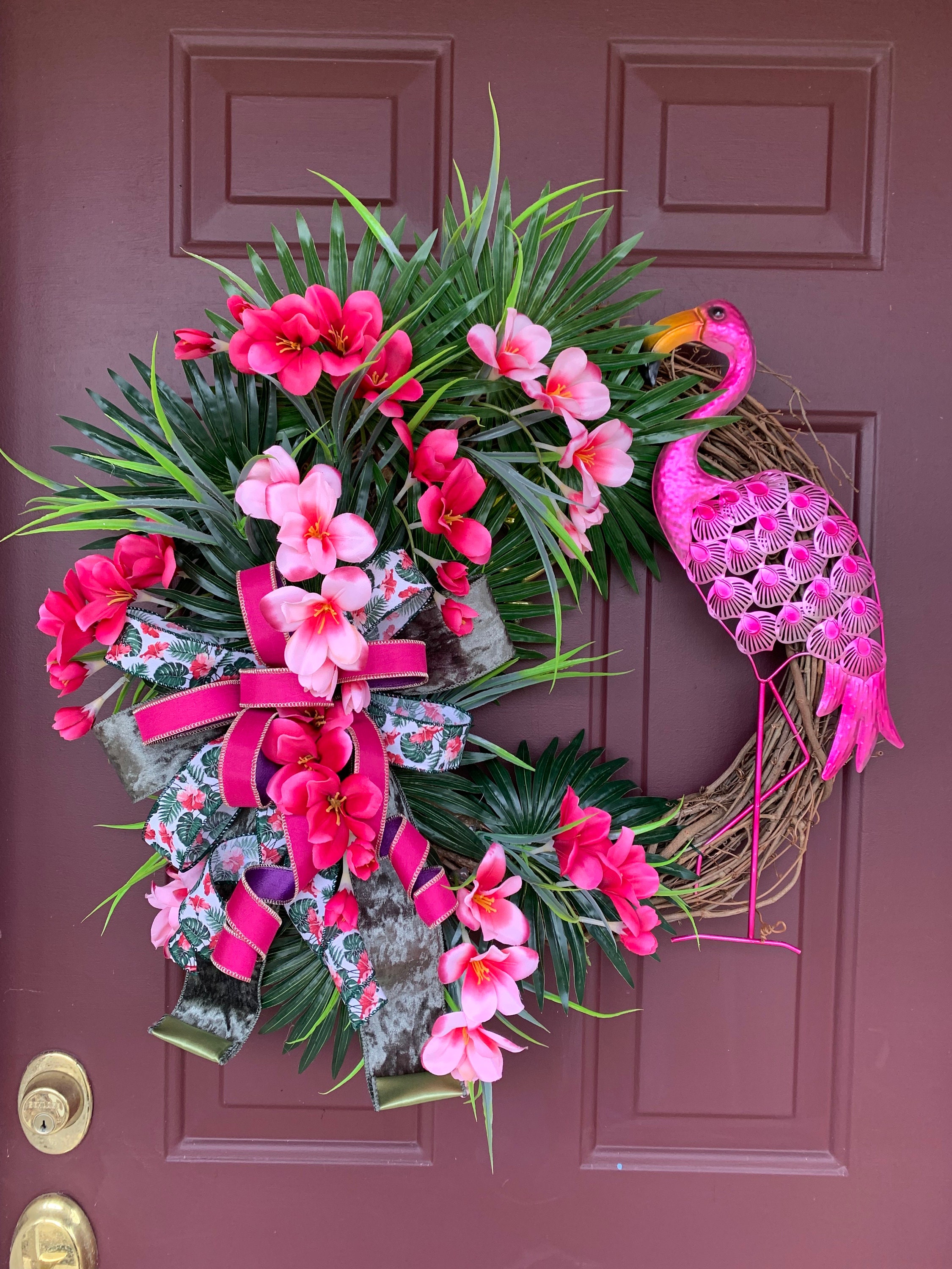 Tropical Pink Flamingo Wreath for Front Door, Elegant Tropical Wreath ...