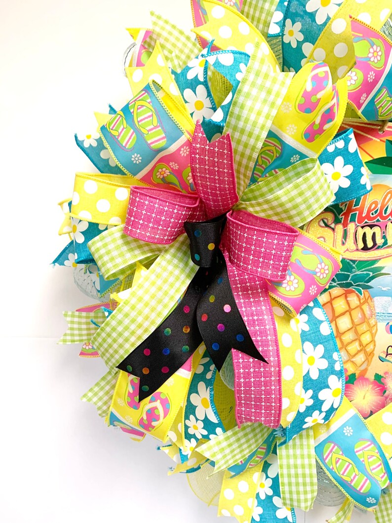 Hello Summer Wreath, Blue Yellow Mesh, Beach Flip Flop Decor - Etsy