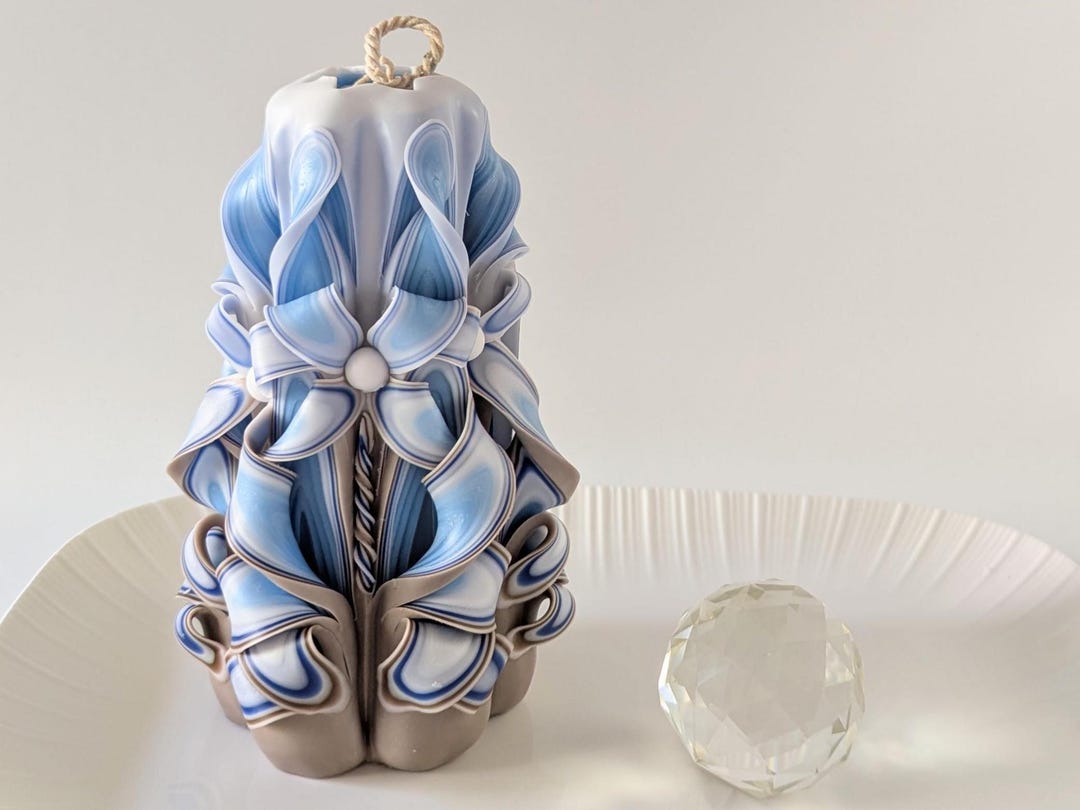 Havdalah Candle With 3 Wicks – Blue Beige Carved Candle by Nerotcandles ...