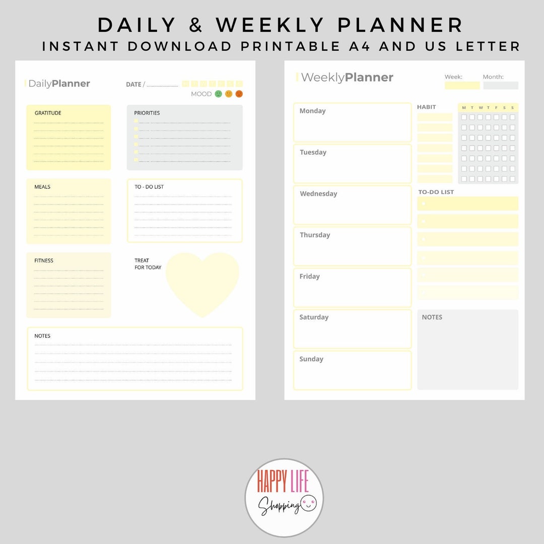 Daily & Weekly Planner Printable: Yellow WFH Organizer (PDF) - Etsy