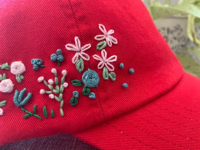 True Red Cap With White and Blue Flowers, Blue and White Flowers on Red ...