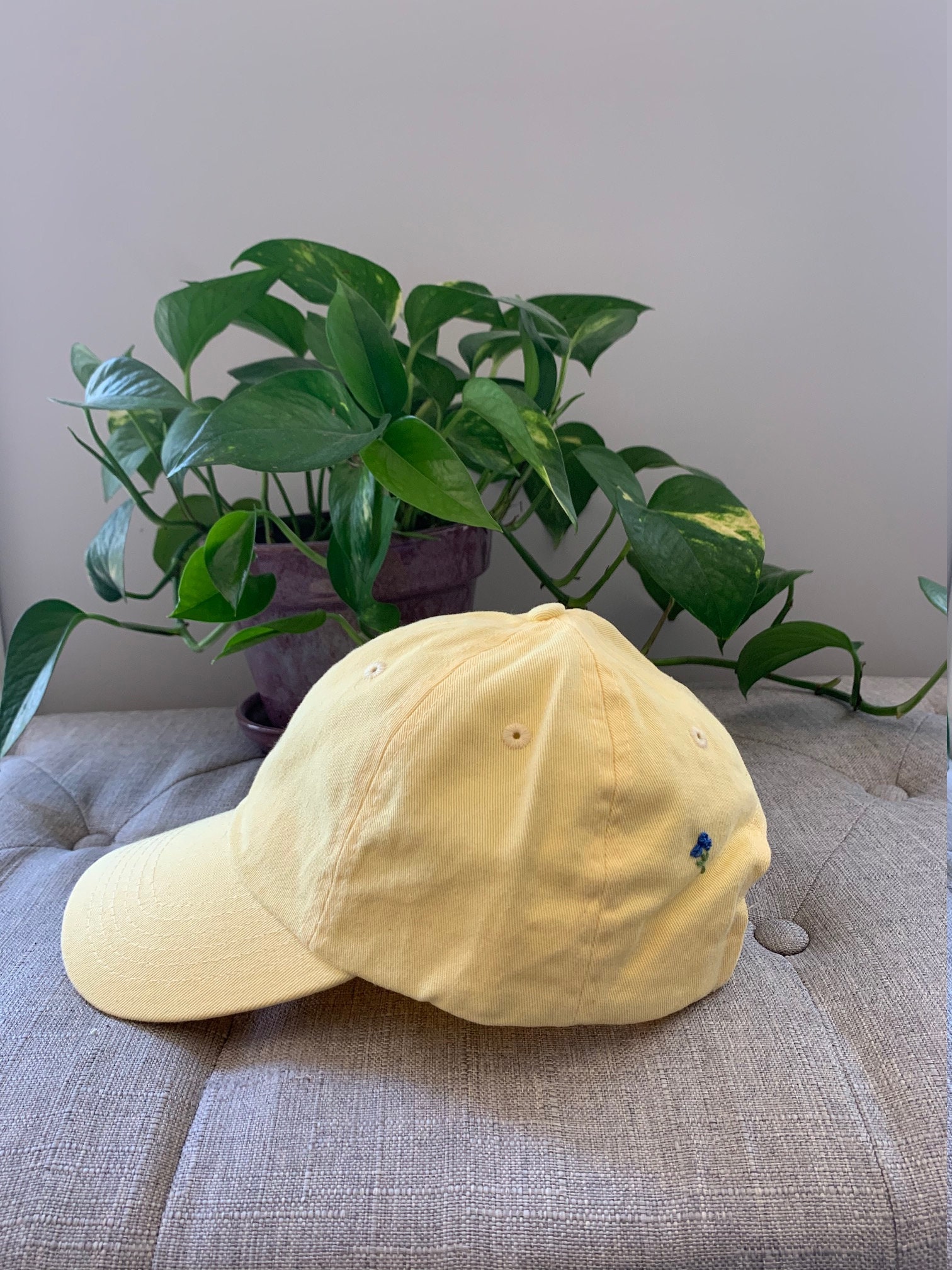 Butter Yellow Cap With Blue Flowers Embroidery, Hand Embroidered Cap ...