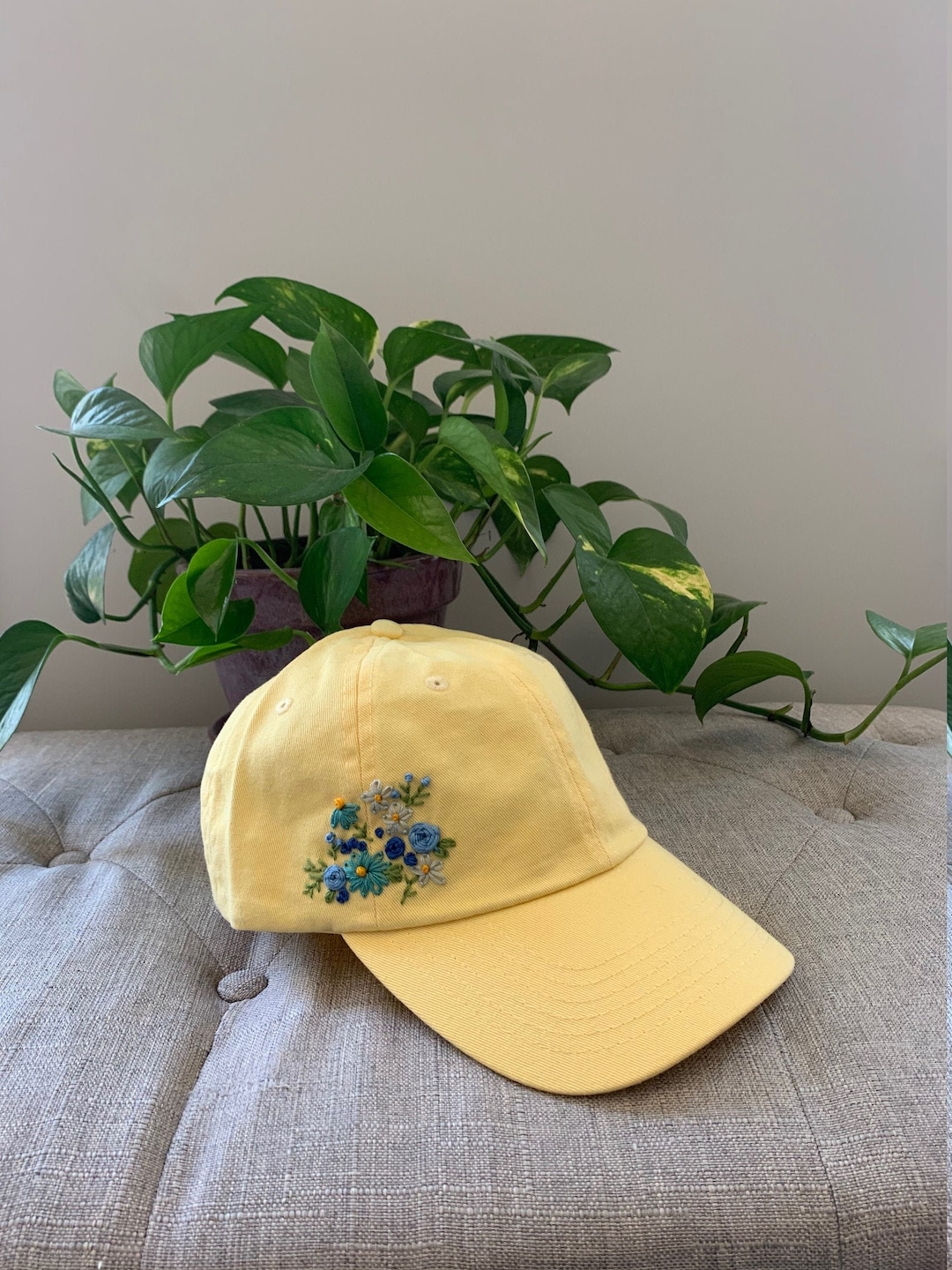 Butter Yellow Cap With Blue Flowers Embroidery, Hand Embroidered Cap ...
