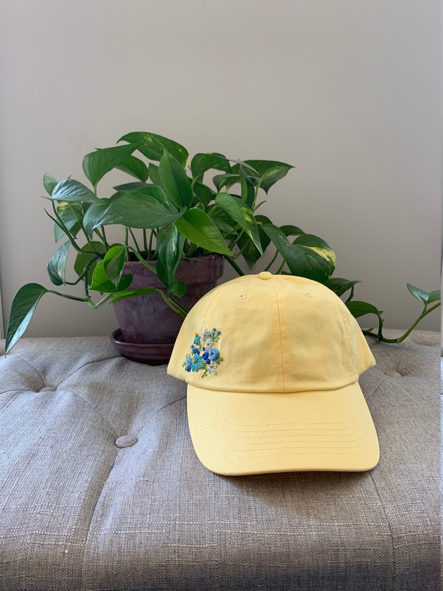 Butter Yellow Cap With Blue Flowers Embroidery, Hand Embroidered Cap ...