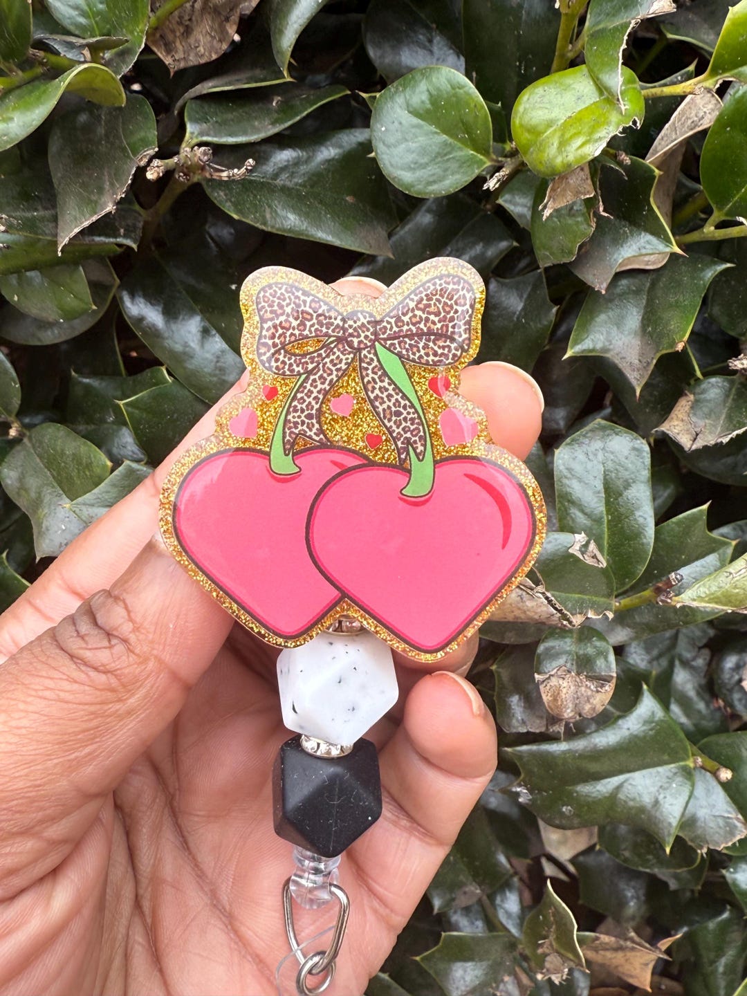 Double Cherry Hearts W/ Bow Glitter Badge Reel - Etsy