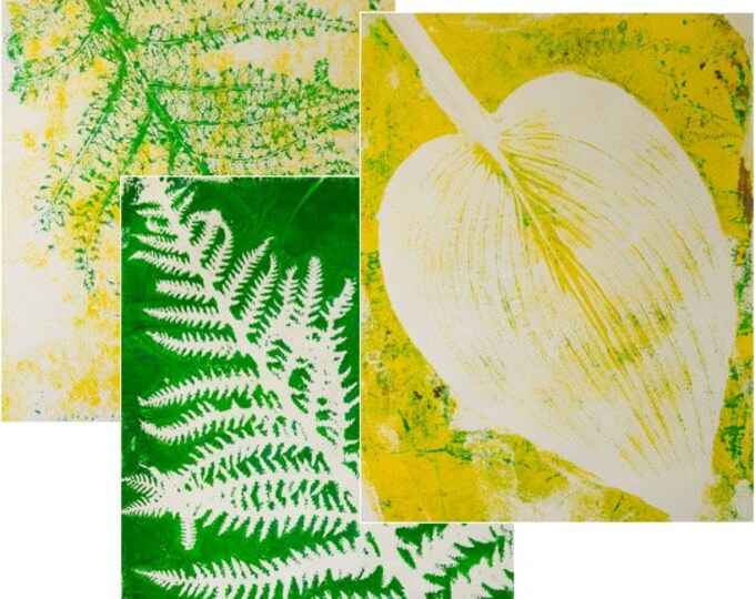 3 Leaf gelli prints for framing or for collage, art, bookbinding ...