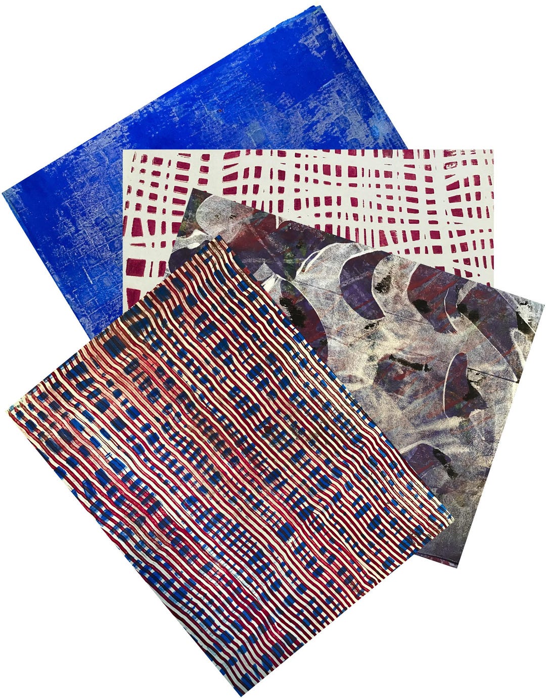 Four 8x10" Hand-painted OAK Gelli Prints in Red, Blue, White and ...