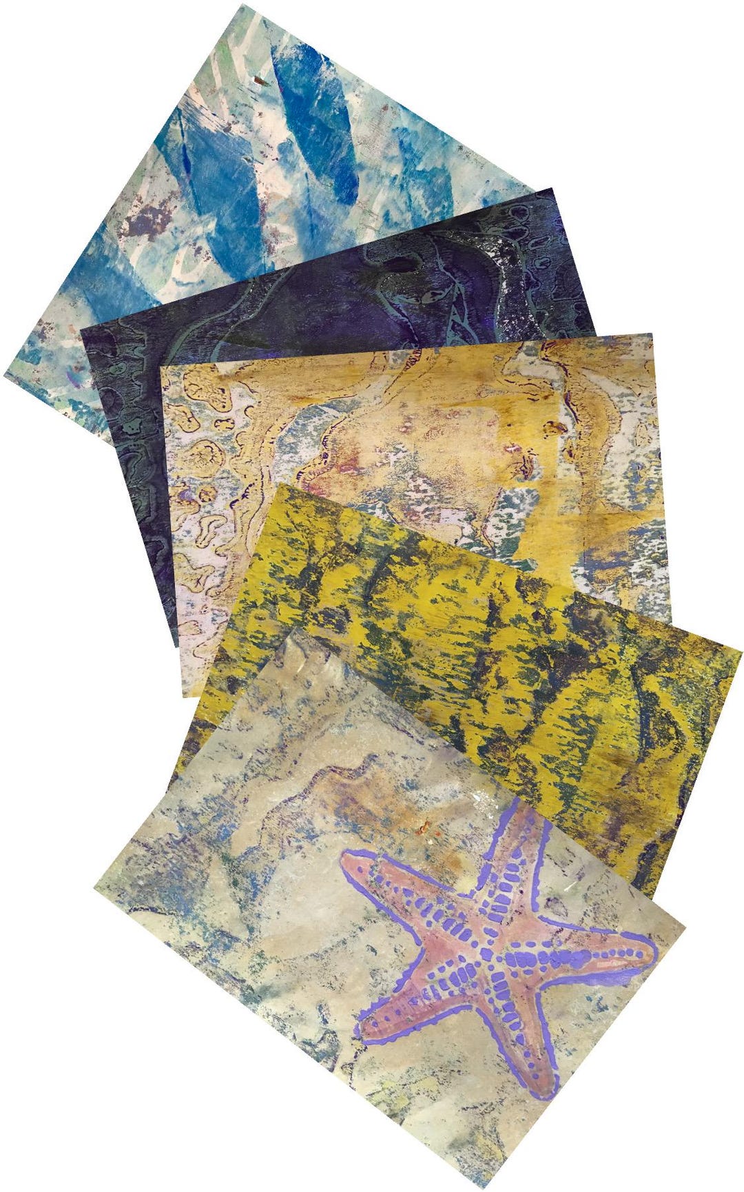 Five 8x10" Hand-painted OAK Gelli Prints in Yellow, Blue, Teal, Green ...