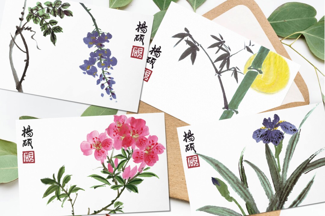 Chinese Post Card Set of 4/flower Postcard/gift for Him Her digital ...