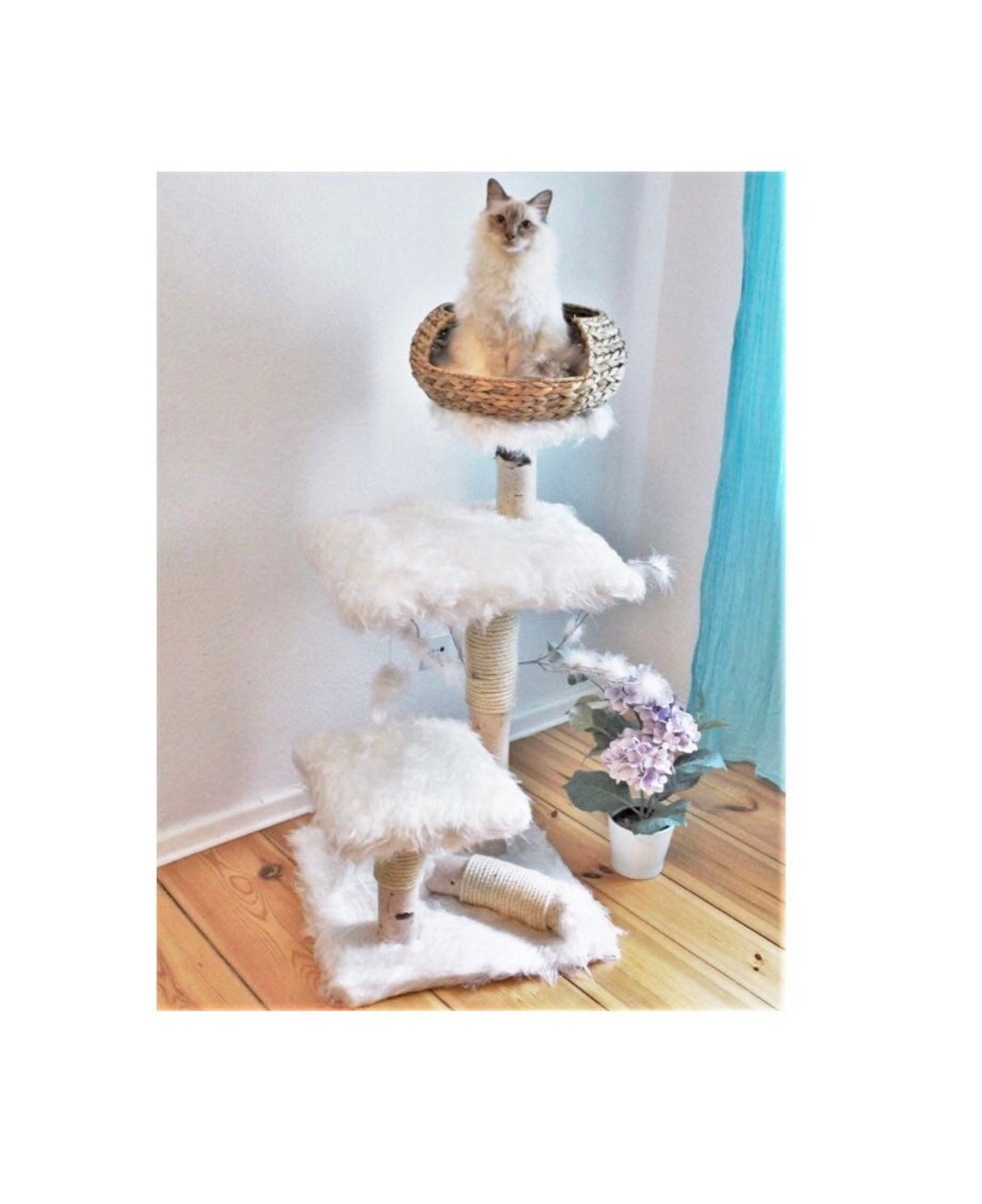 3-tier Cat Tree Scratching Post With Round Basket Made of Natural Birch ...