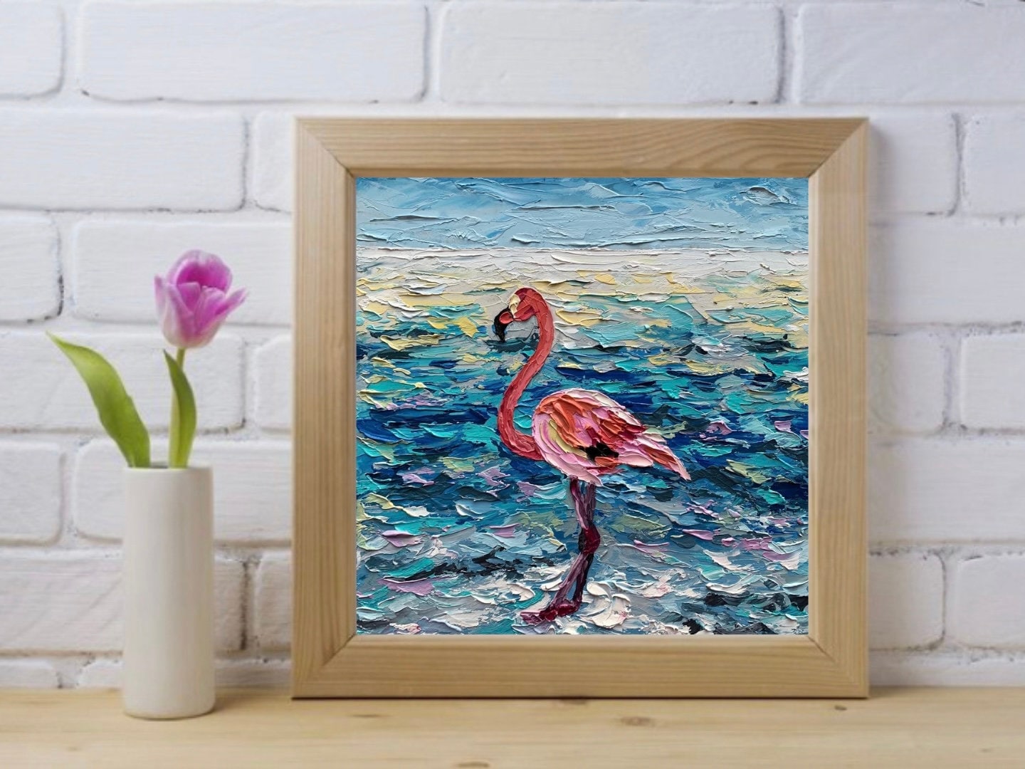 Flamingo Oil Painting Original Pink Bird Wall Art Impasto Pink ...