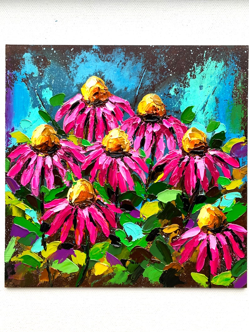 Motley Coneflowers Oil Painting Original Impasto Hot Pink Daisies ...