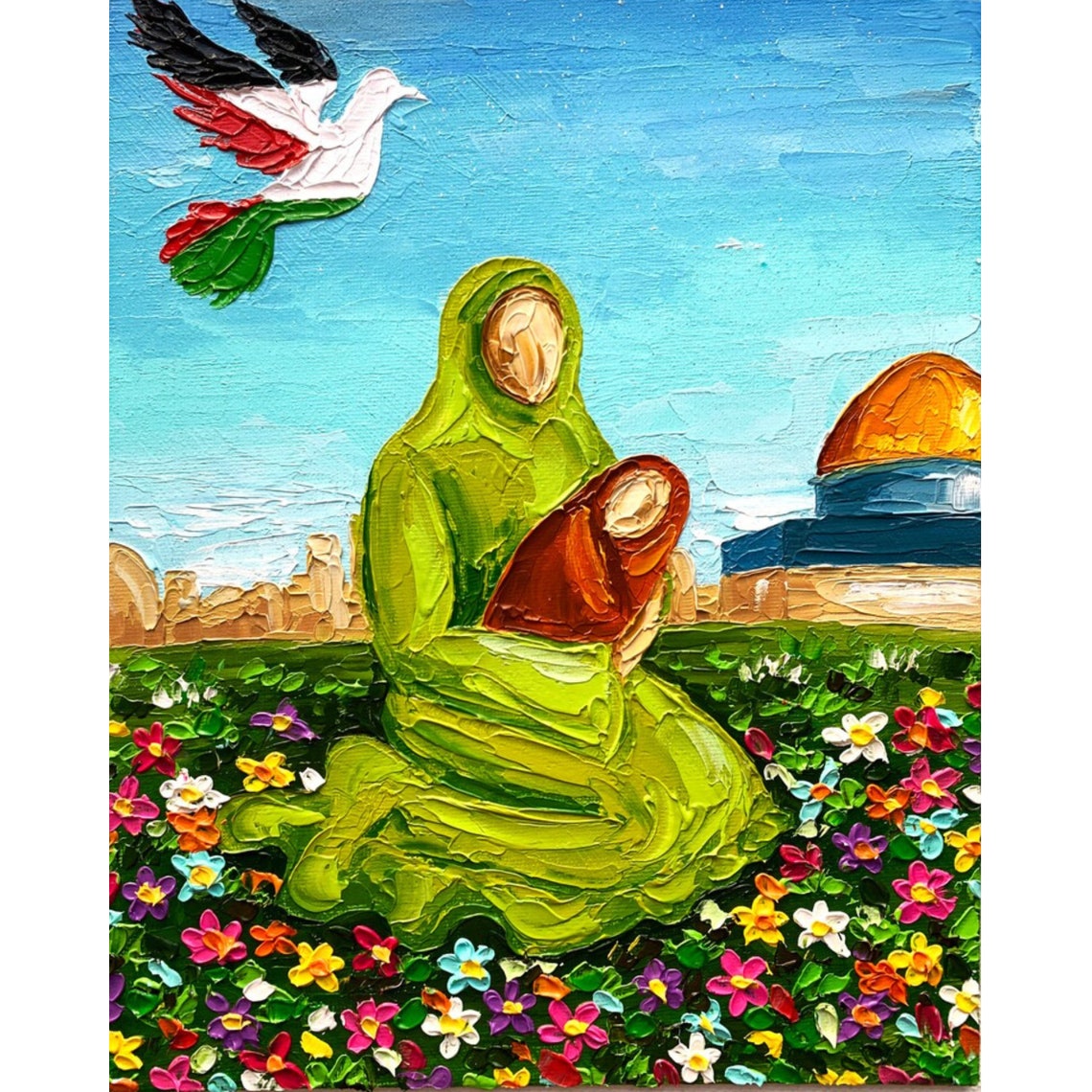 Hand Painted Palestine Oil Painting Original Peaceful Sky Over ...