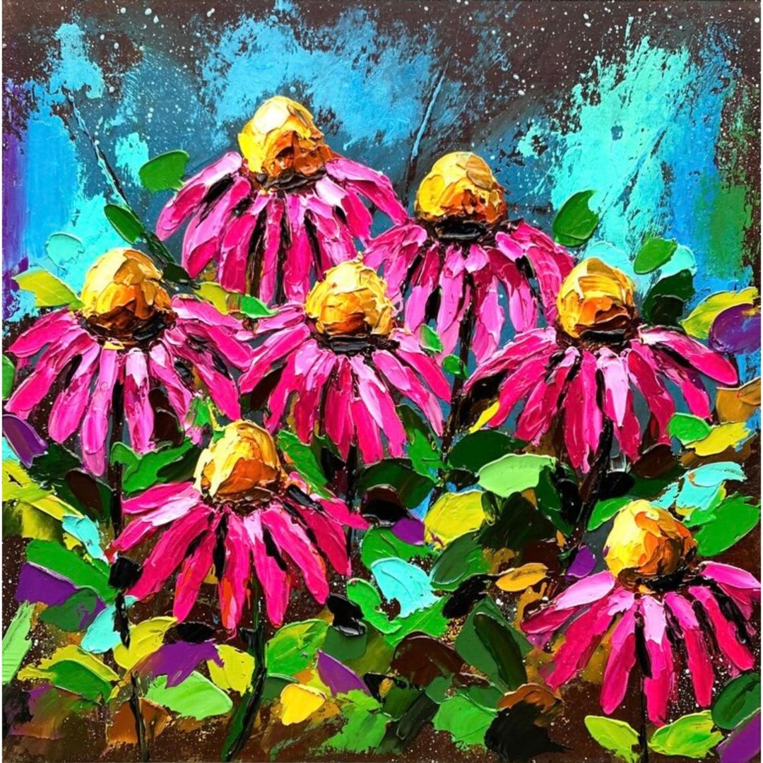 Motley Coneflowers Oil Painting Original Pink Daisy Flowers Artwork ...