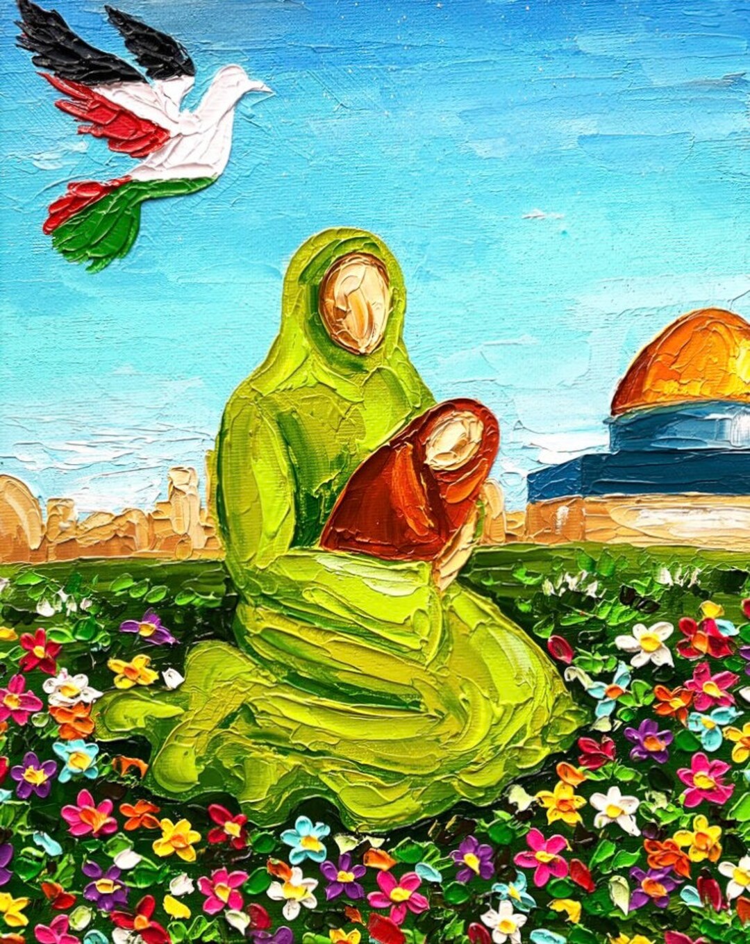 Hand Painted Palestine Oil Painting Original Peaceful Sky Over ...