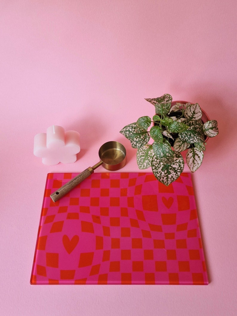 Pink Checkered Glass Cutting Board: Funky Kitchen Decor - Etsy