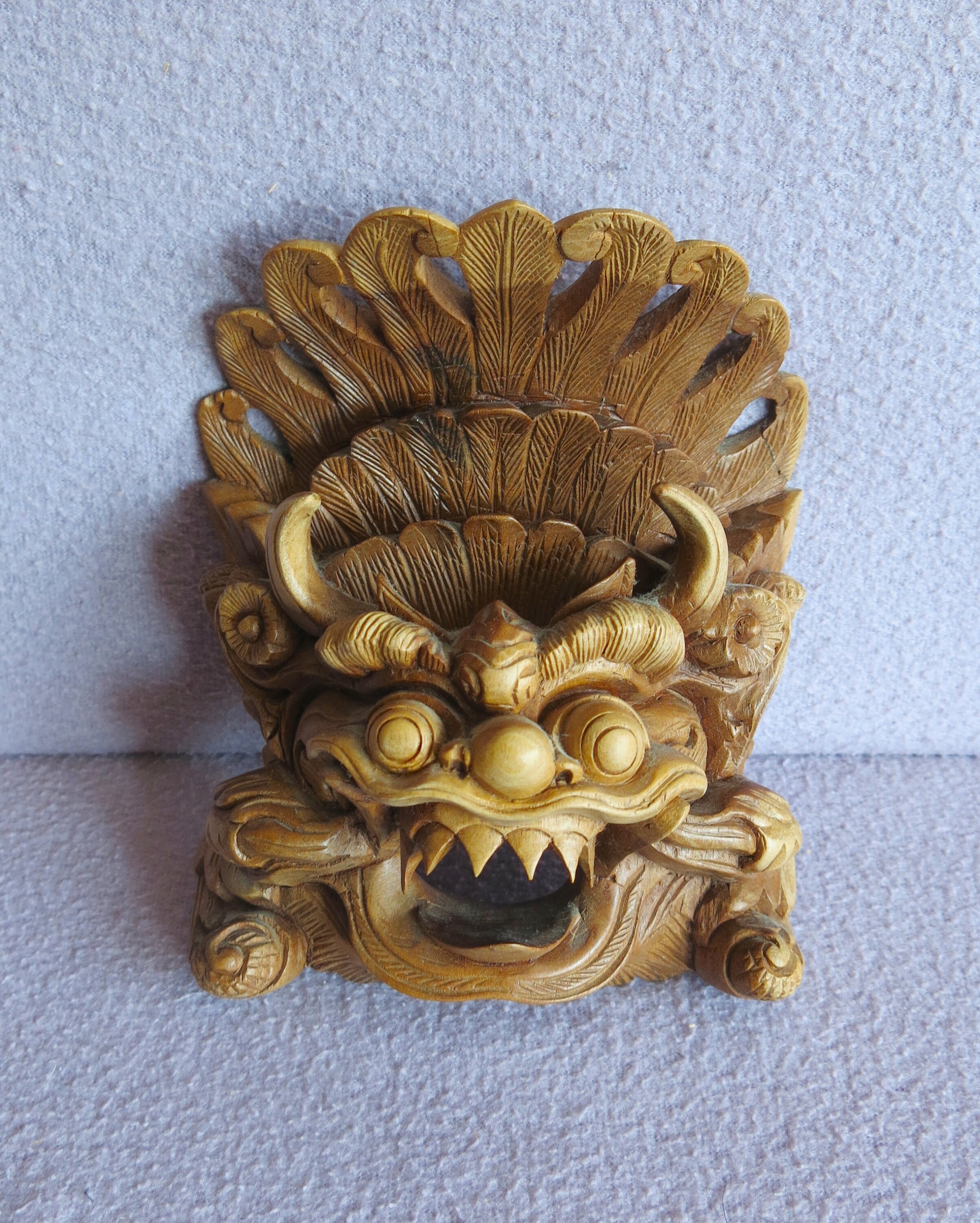 Vintage Balinese Carved Wood Barong Ket Mythical Lions Head Wall Plaque ...